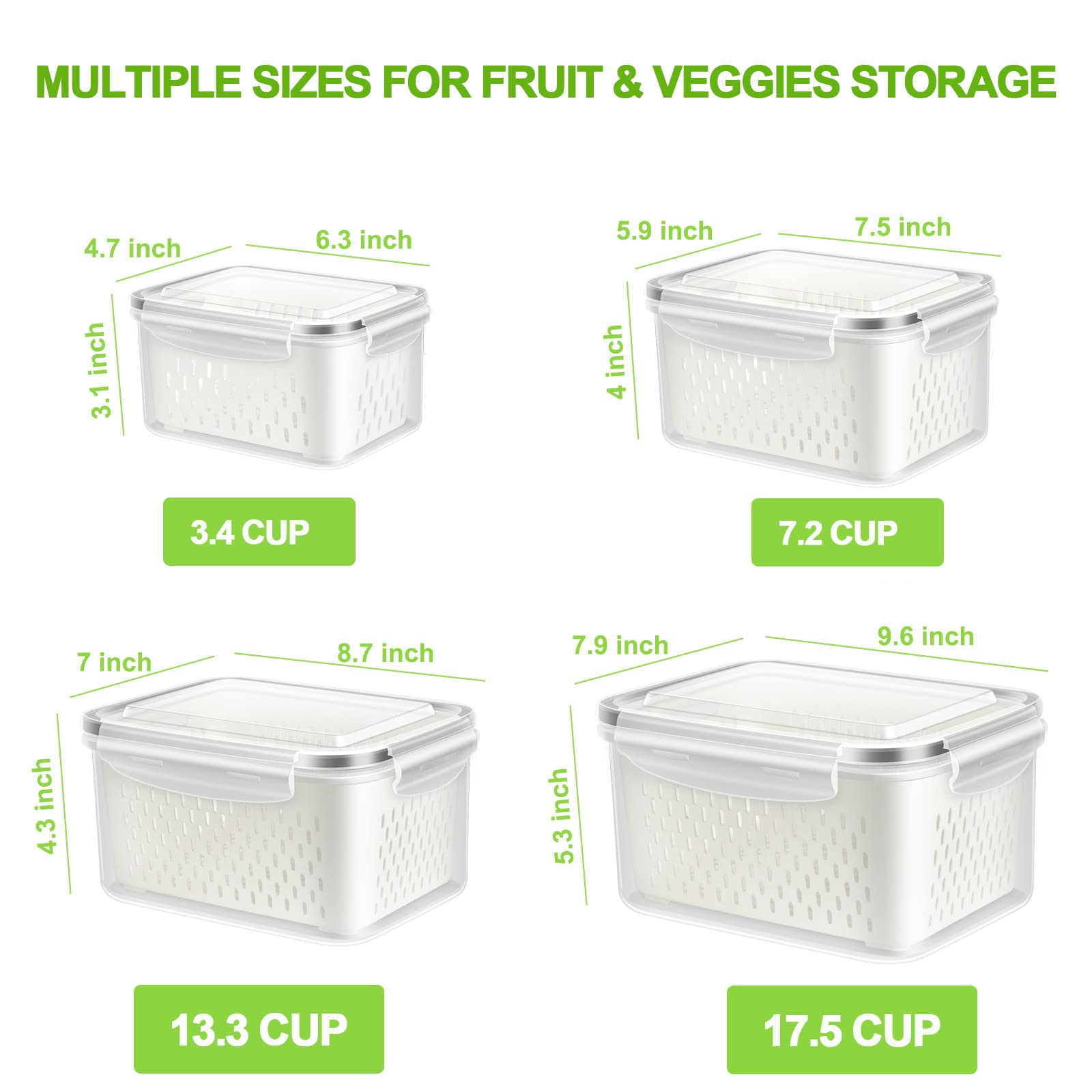TBMax Fruit Vegetable Storage Containers for Fridge - 4 Pack Large Produce Saver Containers Refrigerator Organizer Bins, Plastic Produce Keepers with Lid & Colander for Salad Berry Lettuce Storage