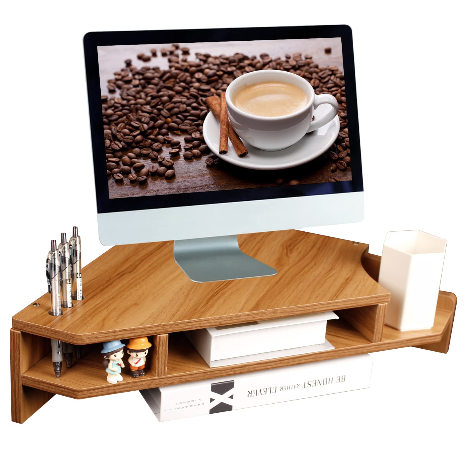 KUAIYU Triangle Monitor Stand Riser, Wooden Triangle Desktop Computer Stand with Office Organization, Walnut Color