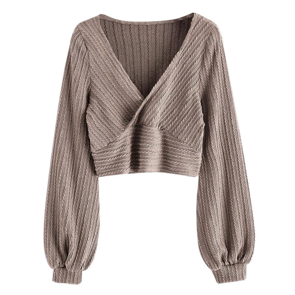 ZAFUL Women's Pullover Ribbed Batwing Lantern Sleeve Knitwear Knitted Crop Top Solid Round Neck Long Sleeve T-Shirt