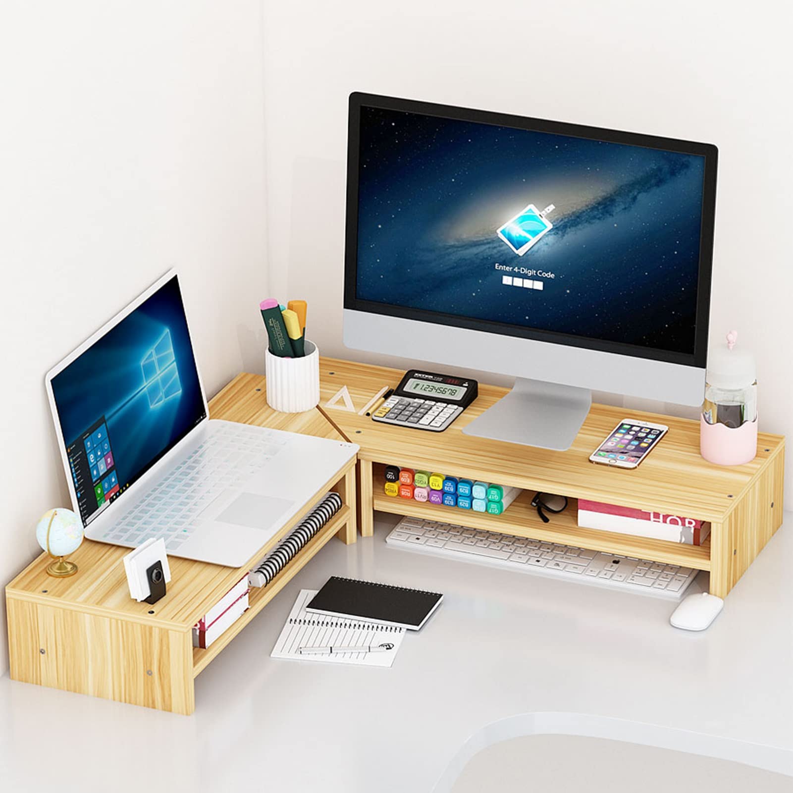 Wooden Dual Monitor Riser with Storage Shelf, Ergonomic Computer Monitor Stand, Workstation Large Screen Riser, L Shaped Desktop Corner Shelf