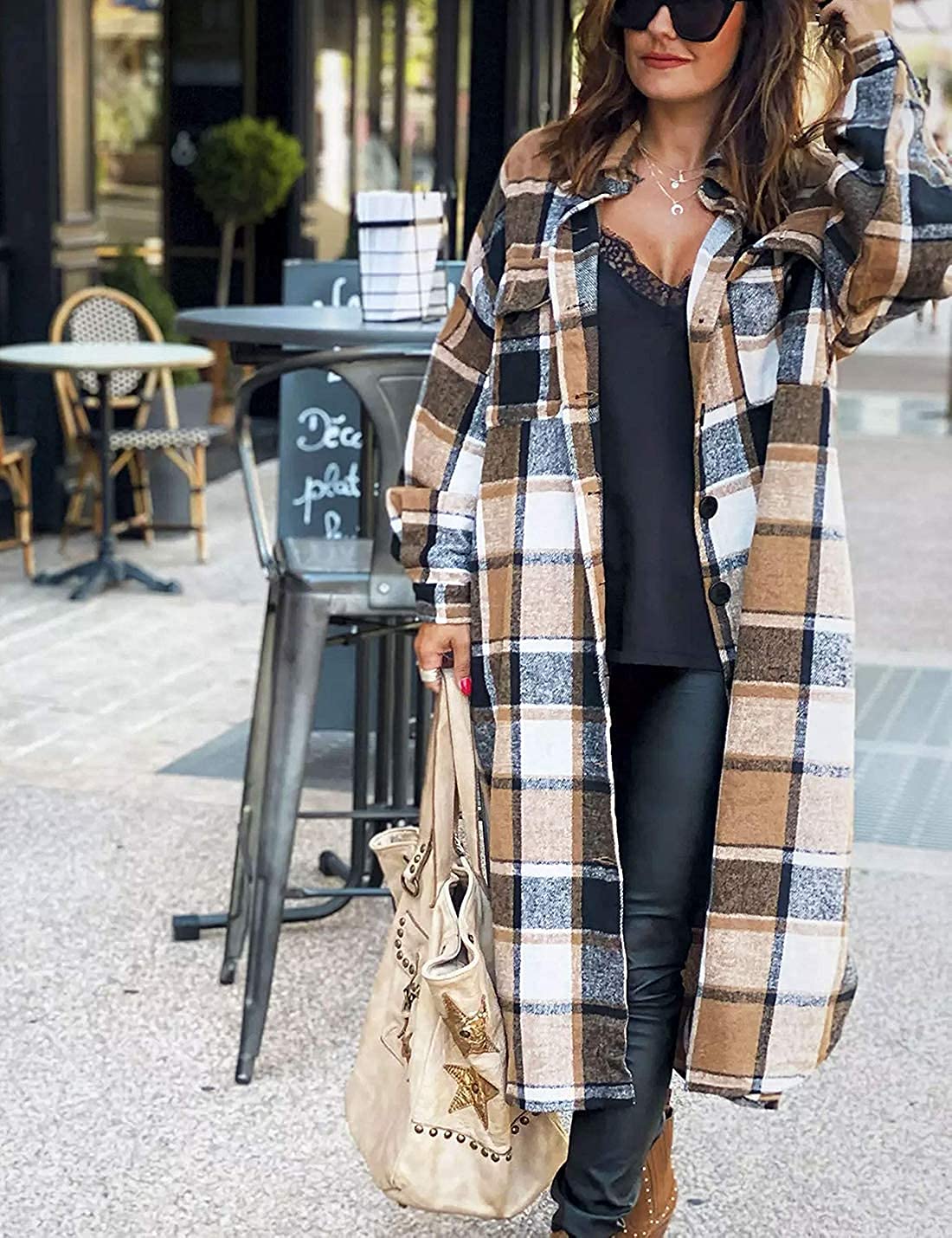 Peaceglad Women's Lounge Lapel Button Up Long Sleeve Plaid Long Shirt Jacket Shacket(Brown,M)