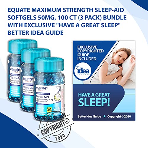 Equate Maximum Strength Sleep-Aid Softgels 50mg, 100 Ct (3 Pack) Bundle with Exclusive "Have a Great Sleep" - Better Idea Guide (4 Items)