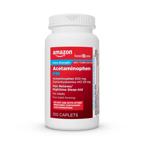 Amazon Basic Care Acetaminophen PM, Pain Reliever Plus Nighttime Sleep Aid, 100 Count