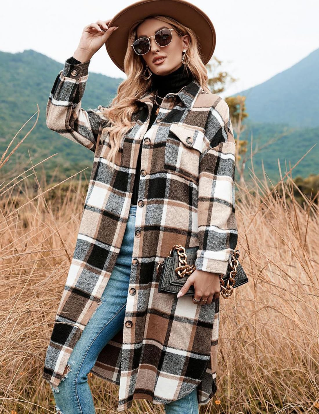 Peaceglad Women's Lounge Lapel Button Up Long Sleeve Plaid Long Shirt Jacket Shacket(Brown,M)