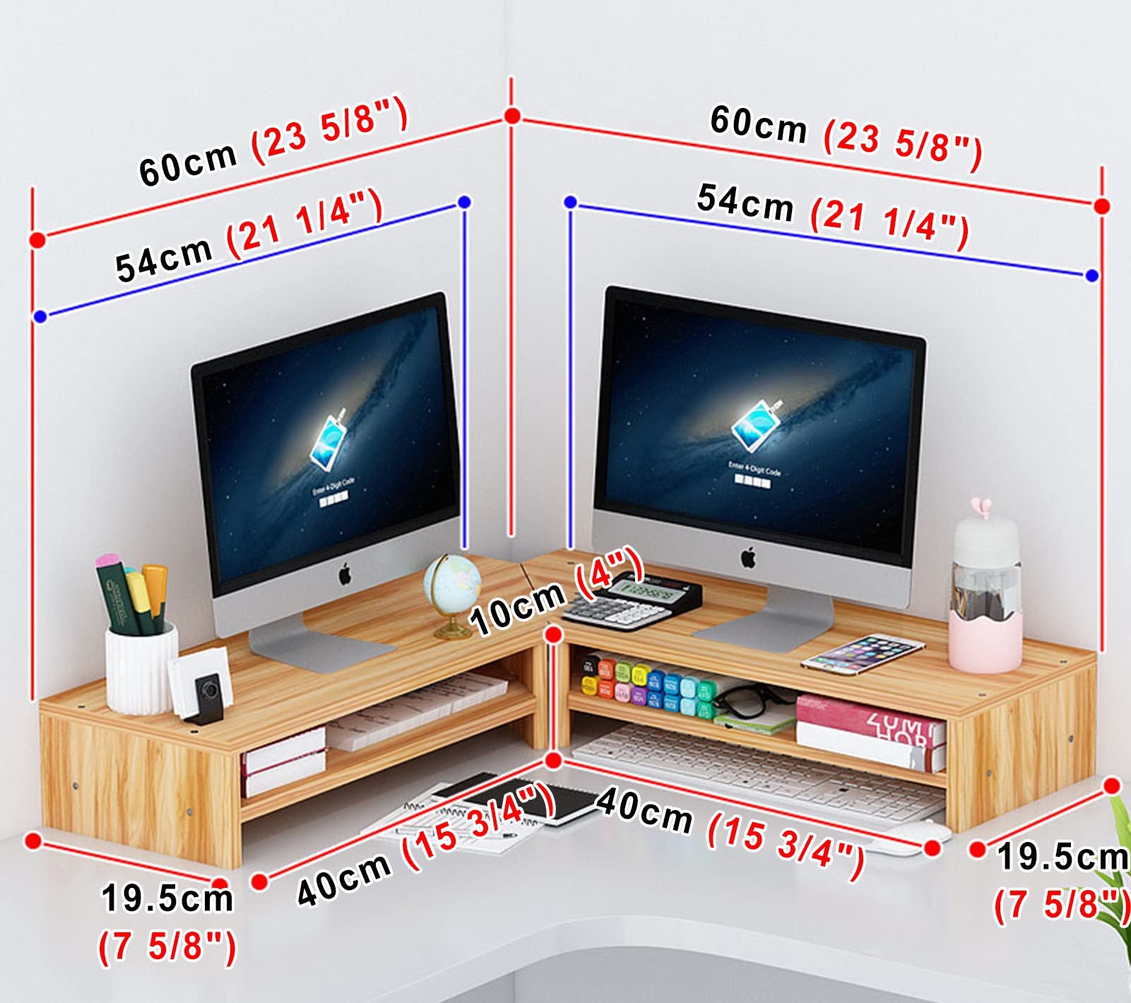 Wooden Dual Monitor Riser with Storage Shelf, Ergonomic Computer Monitor Stand, Workstation Large Screen Riser, L Shaped Desktop Corner Shelf