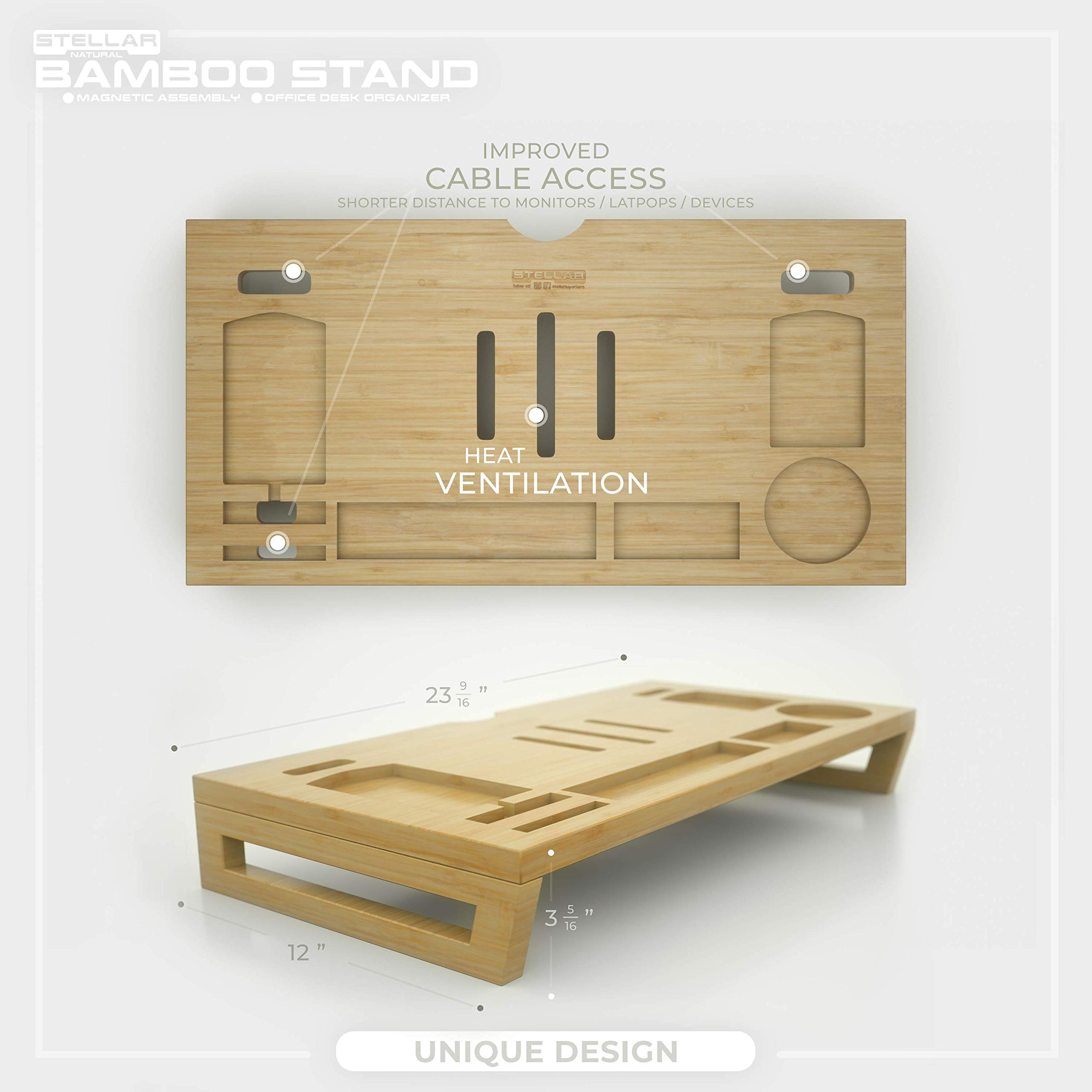 Bamboo Monitor / Laptop Stand by Stellar Importers | Desk Organizer | Riser | Cable and Airflow Management | Elevate Your Perspective