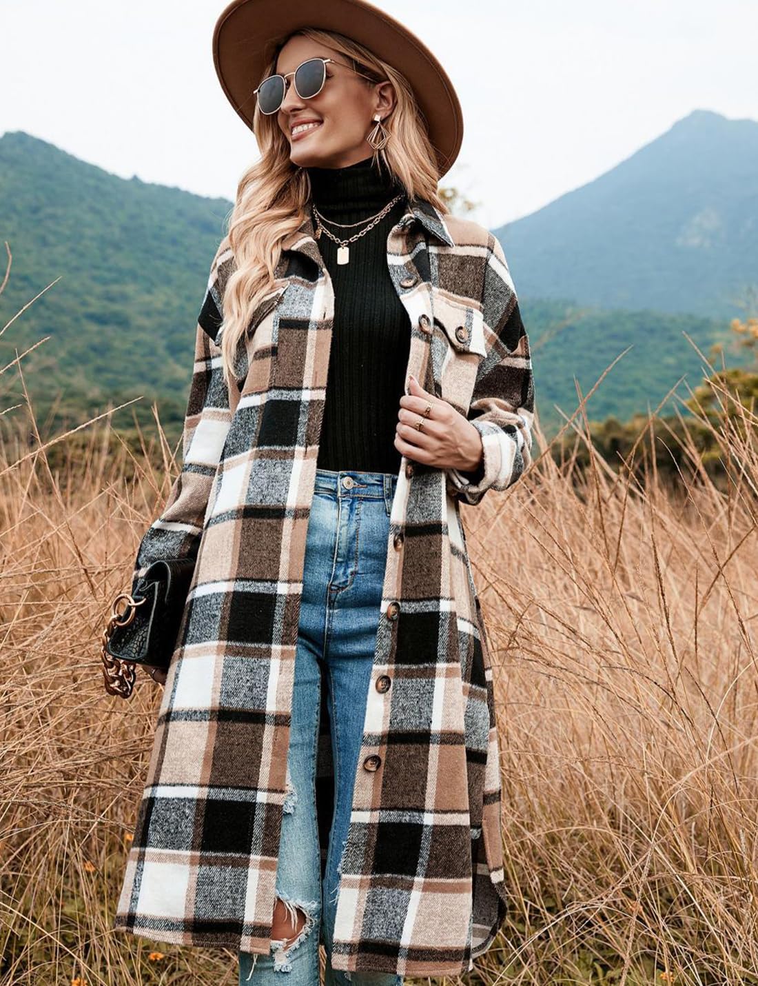 Peaceglad Women's Lounge Lapel Button Up Long Sleeve Plaid Long Shirt Jacket Shacket(Brown,M)