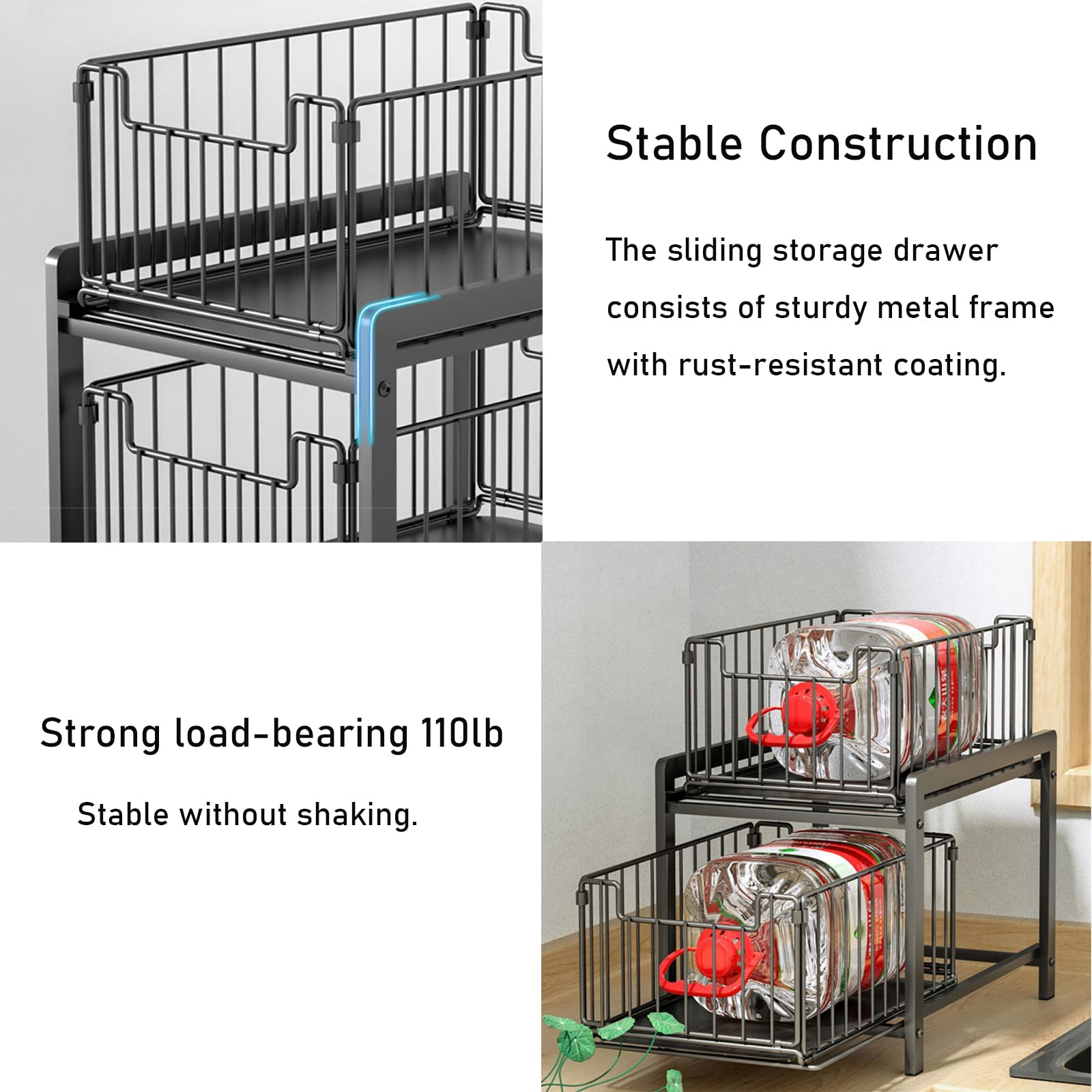 FULE KEJI 2 Tier Under Sink Organizer and Storage Pull Out Drawer Sliding Basket,Stackable Sink Under the Cabinet Organizer Storage Basket,for Bathroom Kitchen Cabinet Office Countertops