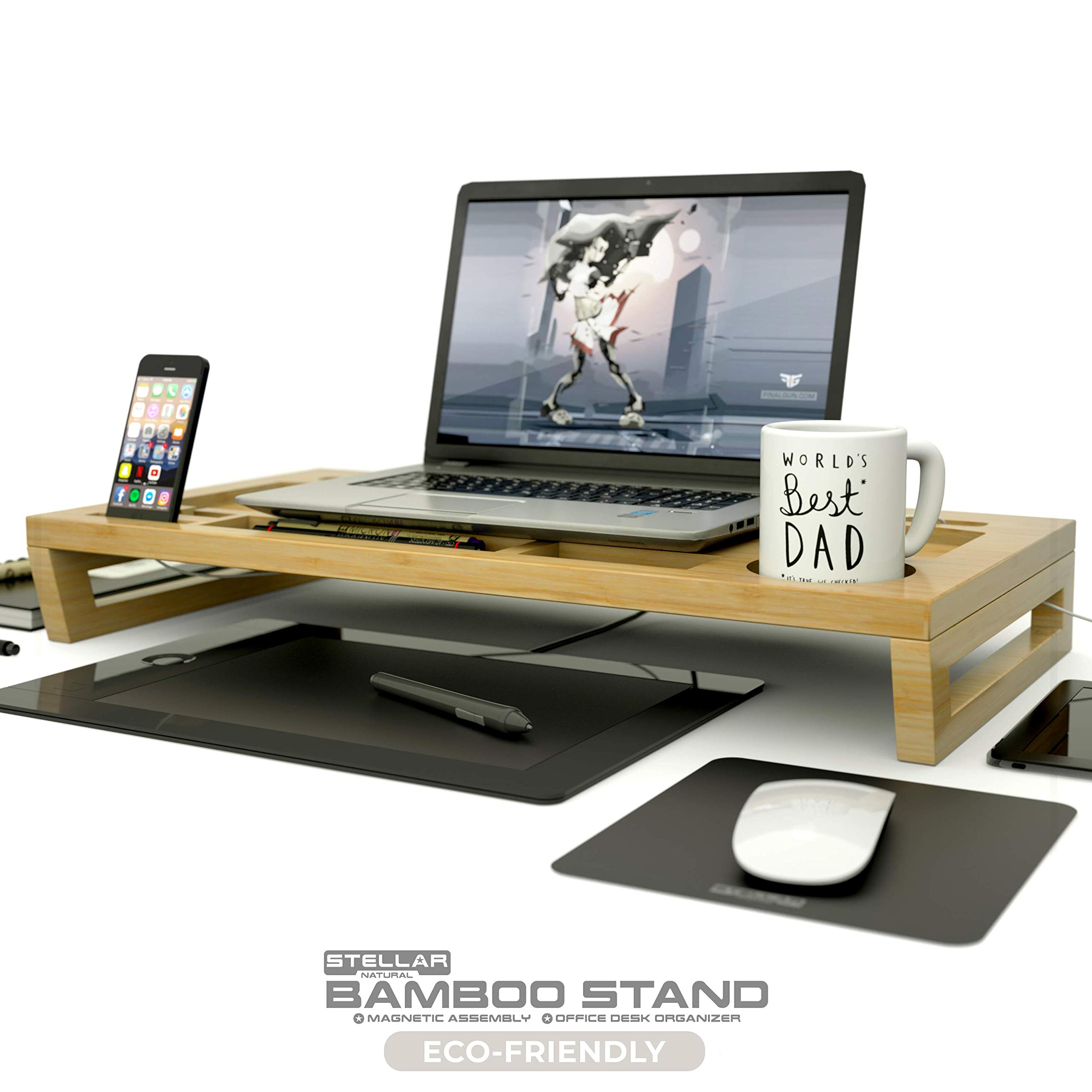 Bamboo Monitor / Laptop Stand by Stellar Importers | Desk Organizer | Riser | Cable and Airflow Management | Elevate Your Perspective