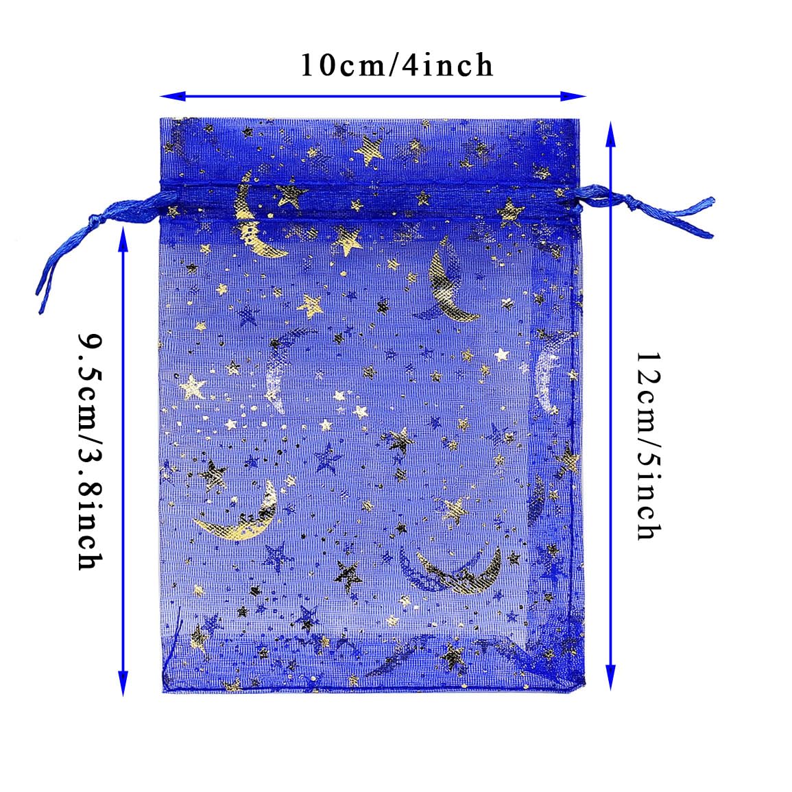 SUNGULF 100Pcs Sheer Organza Drawstring Pouches Stars and Moon Wedding Gift Bags Blue Color 4x5 Inches