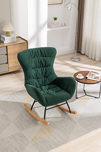 INMOZATA Rocking Chair Nursery Teddy Fabric Upholstered Glider Rocker with High Backrest, Modern Rocking Accent Chair for Nursery/Living Room/Bedroom(Green-Teddy)