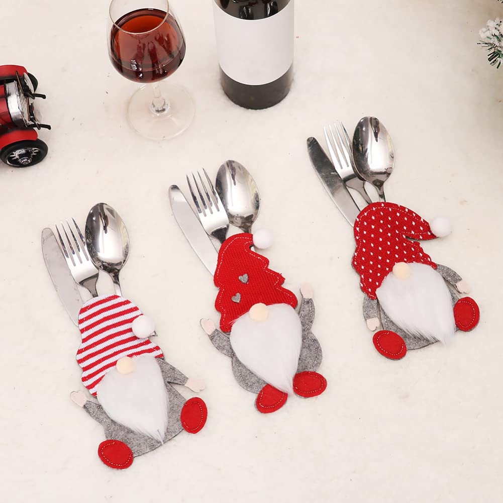Fanus 6 Pcs Christmas Silverware Holder Pocket Tableware Cutlery Organizers Swedish Santa Gnome Stocking Knife Fork Flatware Bags Christmas Party Dinner Table Supplies Spoons Forks Storage Bag