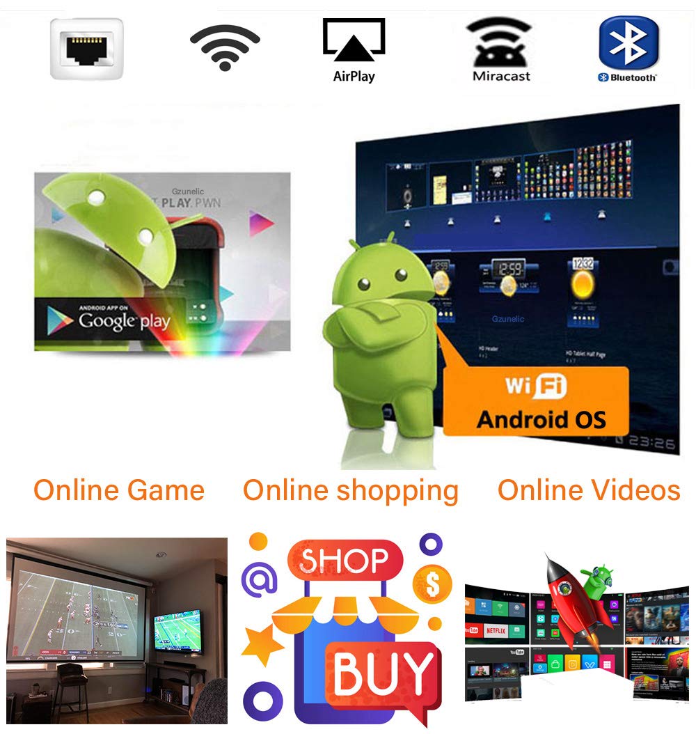 Gzunelic 9500 lumens Android WiFi Projector Real Native1080p Video Projector LCD LED Full HD Theater Proyector with Bluetooth Wireless Mirror to Smart Phone by Airplay or Miracast Ideal for Home