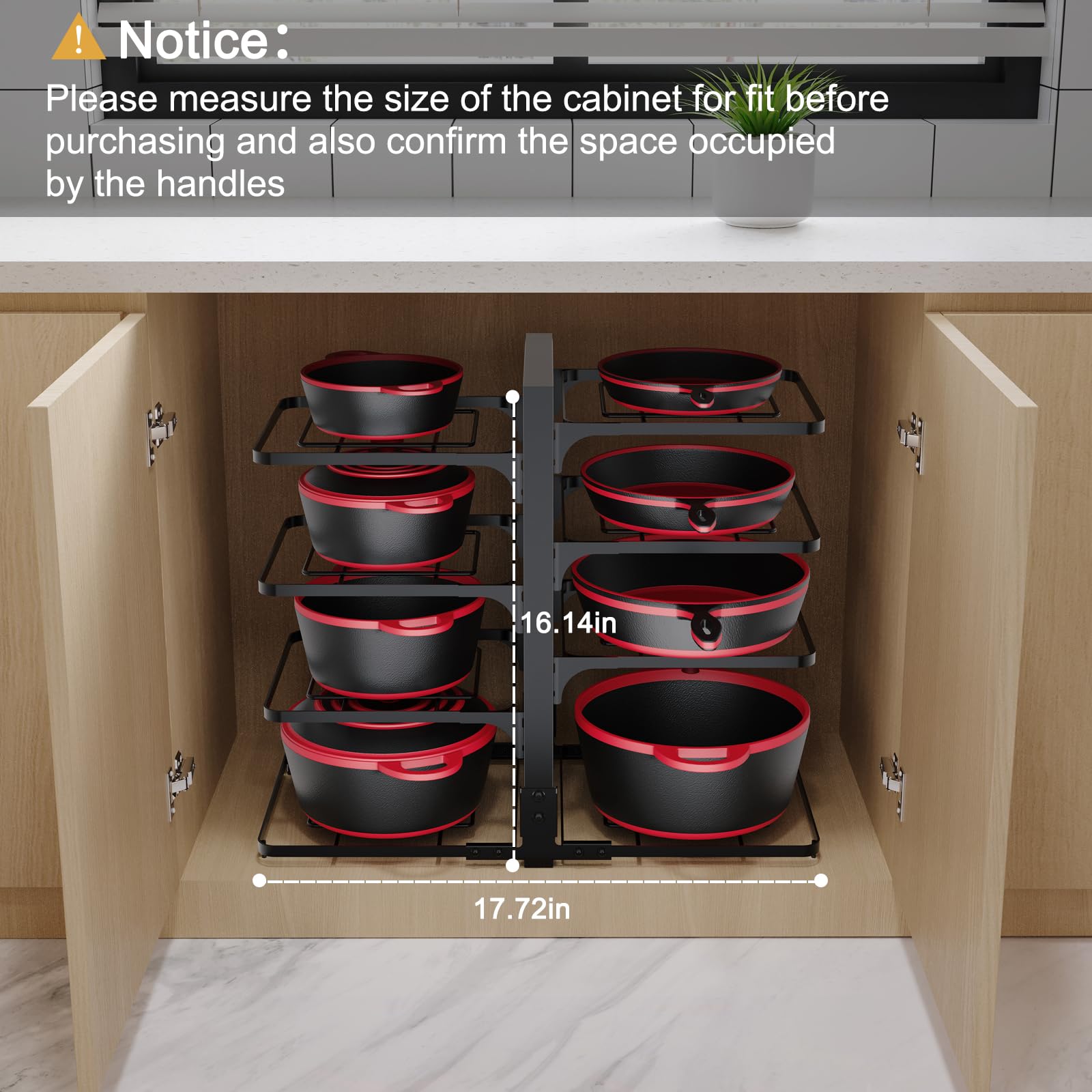 Pan Organizer Rack for Cabinet,8 Tiers Pots and Pans Organizer for Kitchen Organization & Storage, Height Adjustable Pot Lid Holders & Pan Rack ,Non-Slip Space Saving Pan Rack Holder（BLACK）