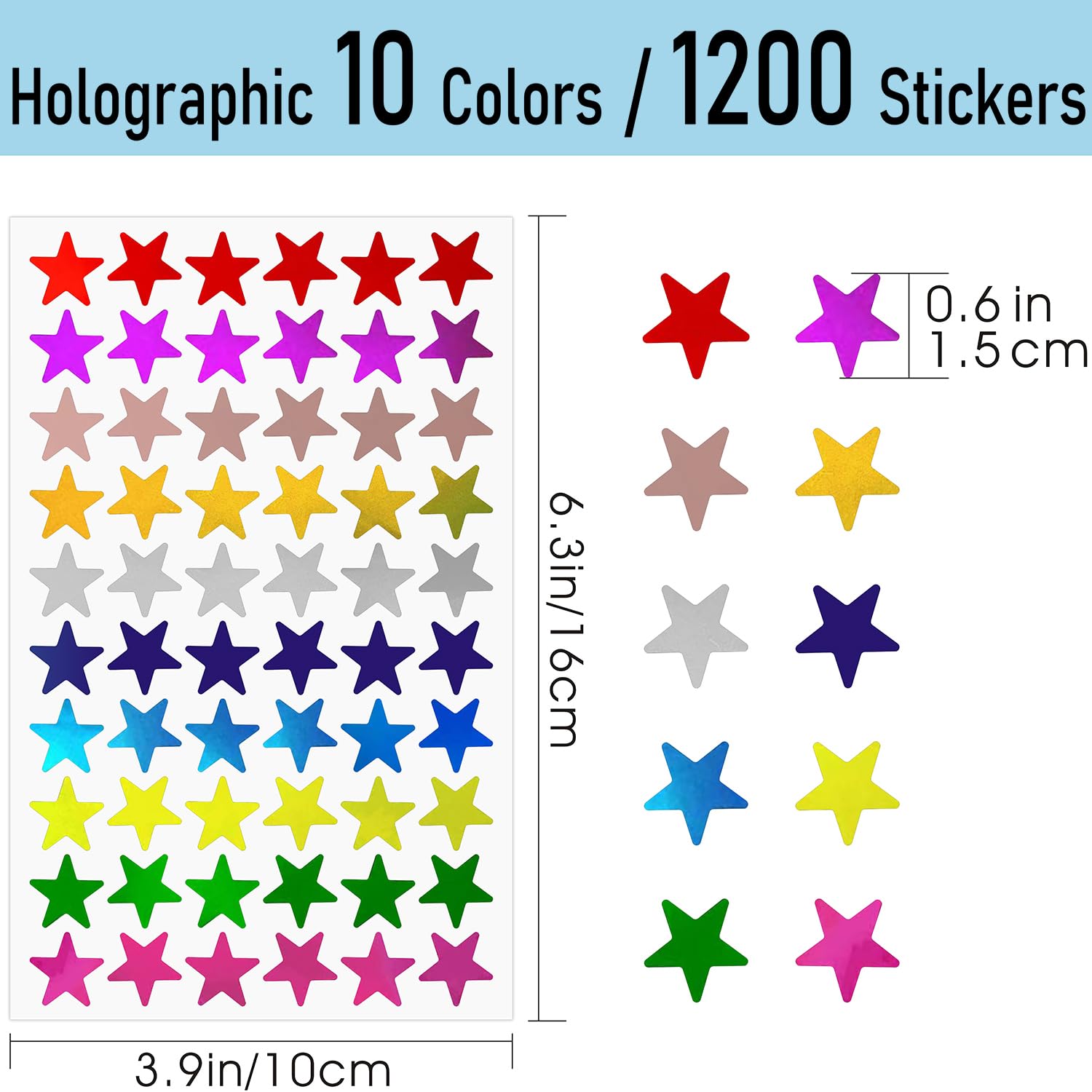 Yidelly 1200 Pack Foil Metallic Star Stickers, 10 Sparkling Colors Self-Adhesive Sticker for Kids Reward, 0.6" Diameter