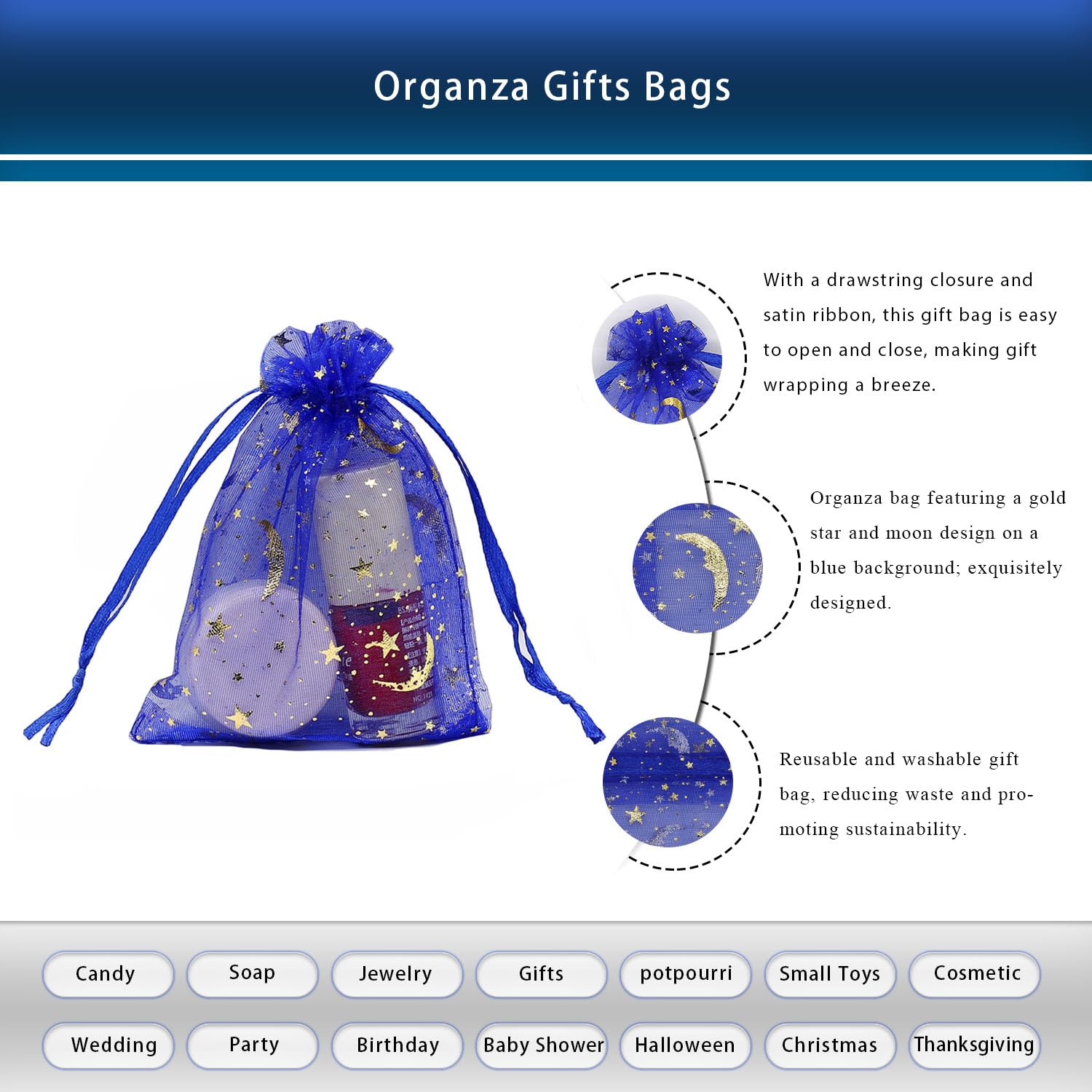 SUNGULF 100Pcs Sheer Organza Drawstring Pouches Stars and Moon Wedding Gift Bags Blue Color 4x5 Inches