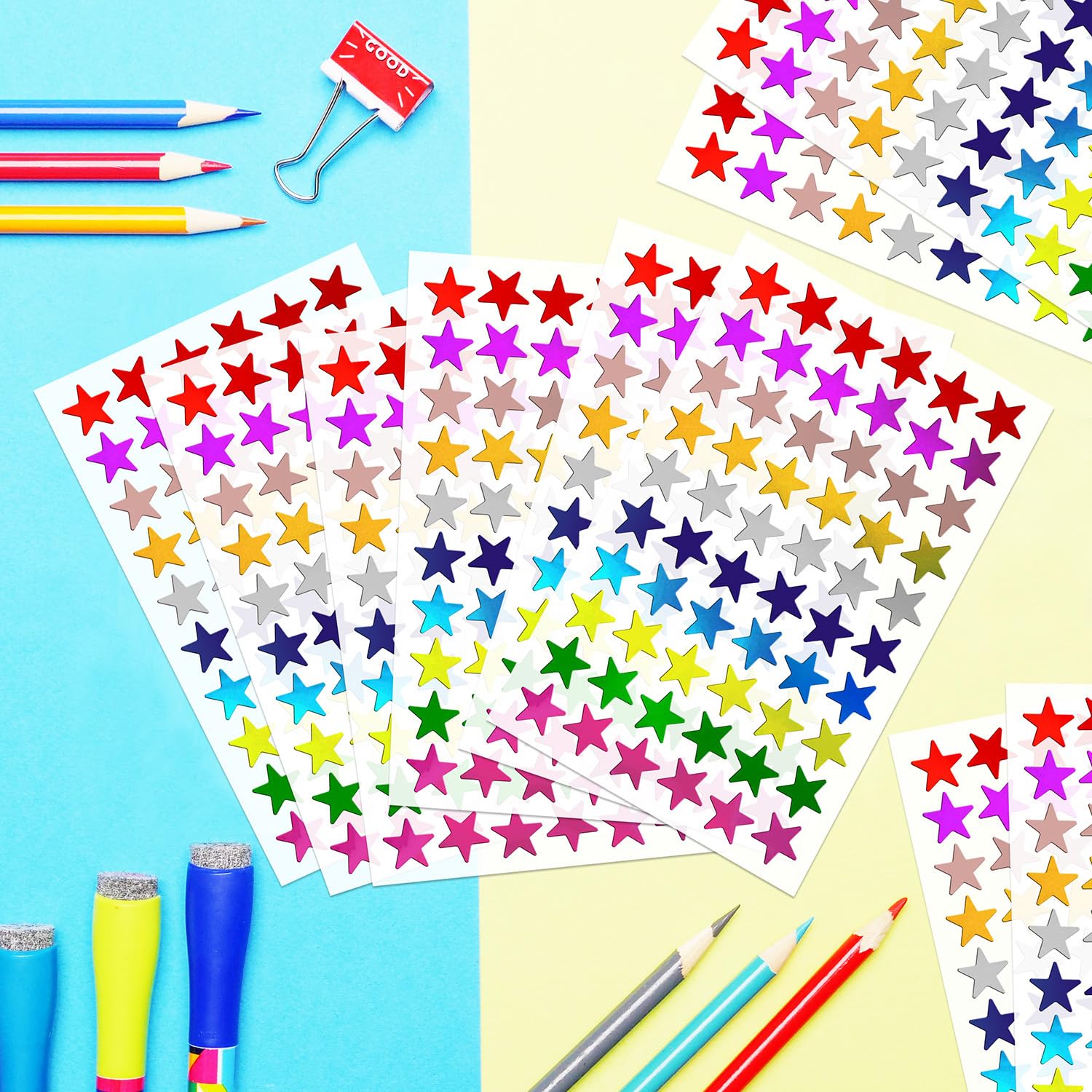 Yidelly 1200 Pack Foil Metallic Star Stickers, 10 Sparkling Colors Self-Adhesive Sticker for Kids Reward, 0.6" Diameter