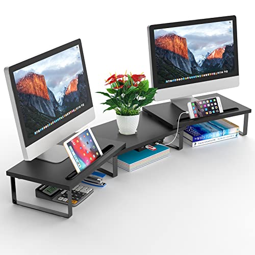 AQQEF Dual Monitor Stand Riser, Adjustable Length and Angle, Computer Monitor Desk Shelf with USB3.0 and Slot for Tablet and Cellphone, Wooden Desktop Oraganizer Stand for 2 Monitors
