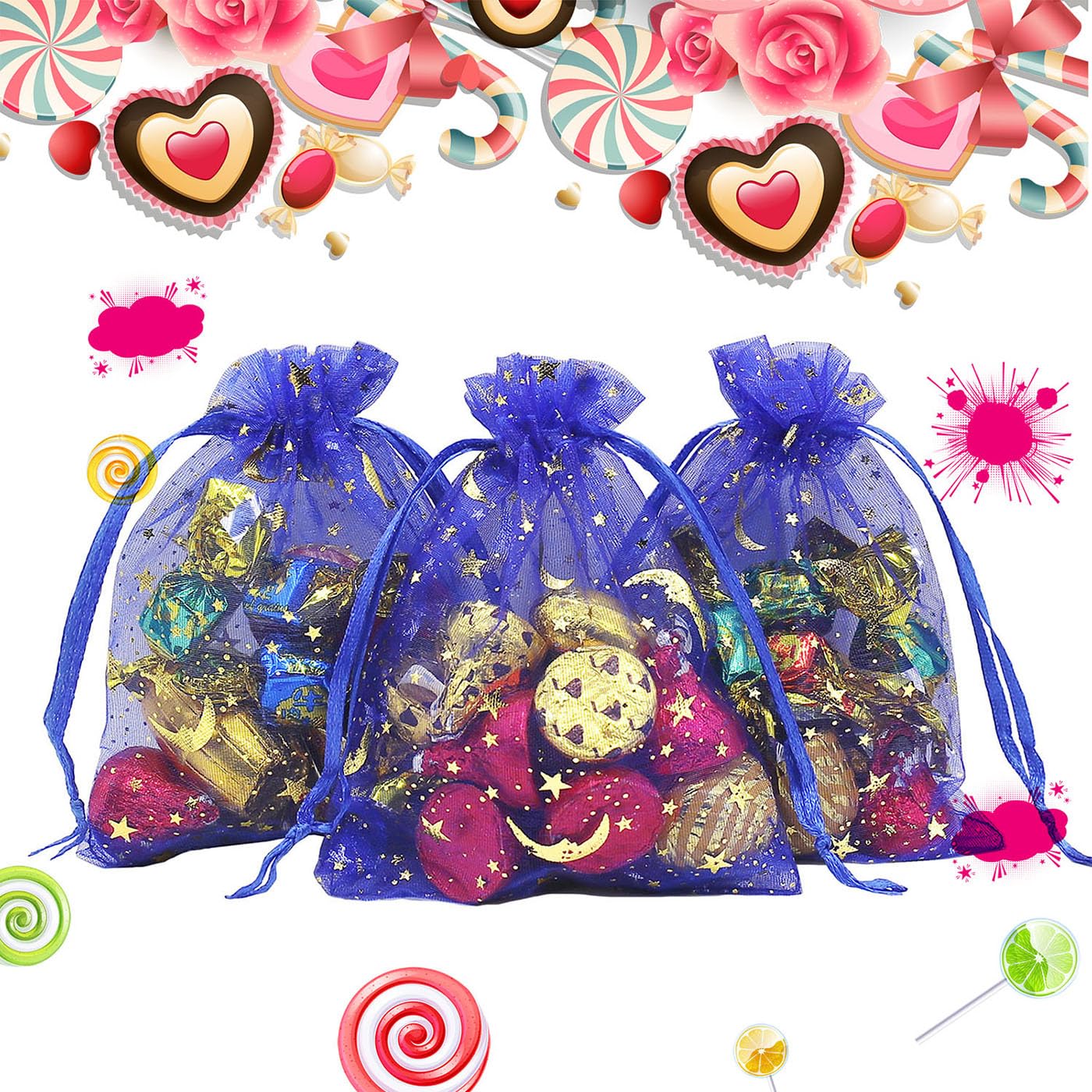 SUNGULF 100Pcs Sheer Organza Drawstring Pouches Stars and Moon Wedding Gift Bags Blue Color 4x5 Inches