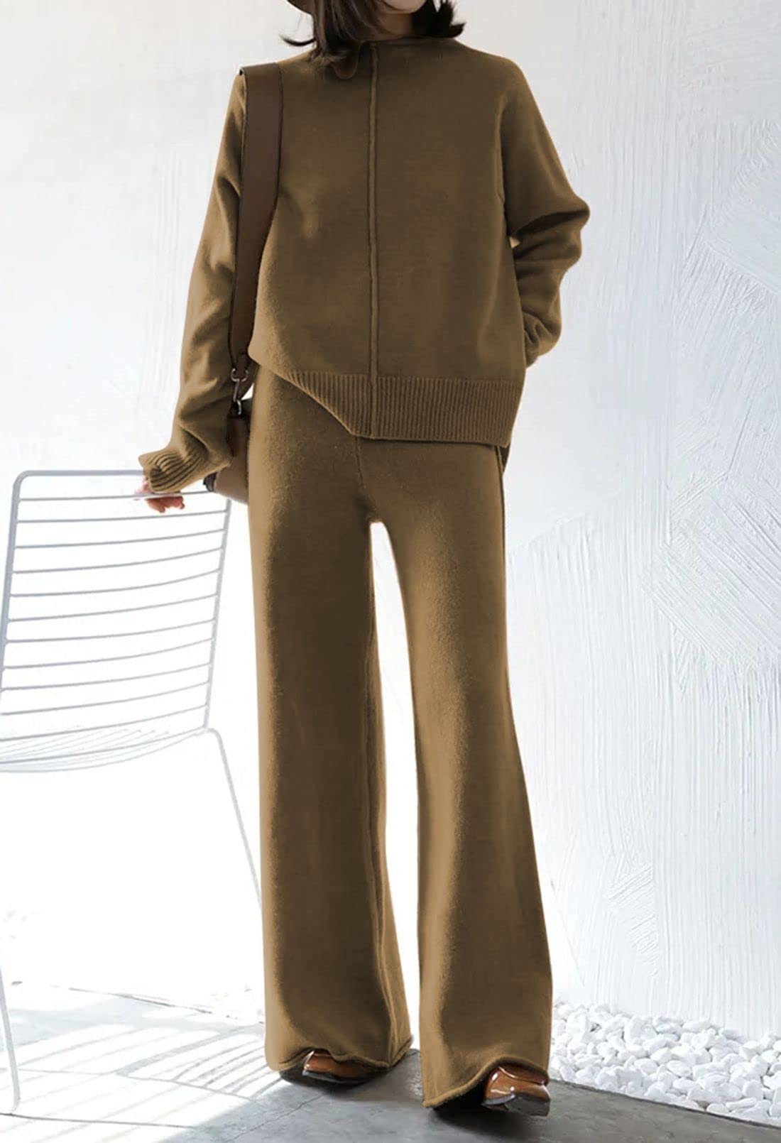 Fixmatti Women's 2 Piece Outfits Sweatsuit Knit Long Sleeve Sweater Wide Leg Pants Loungewear Brown S