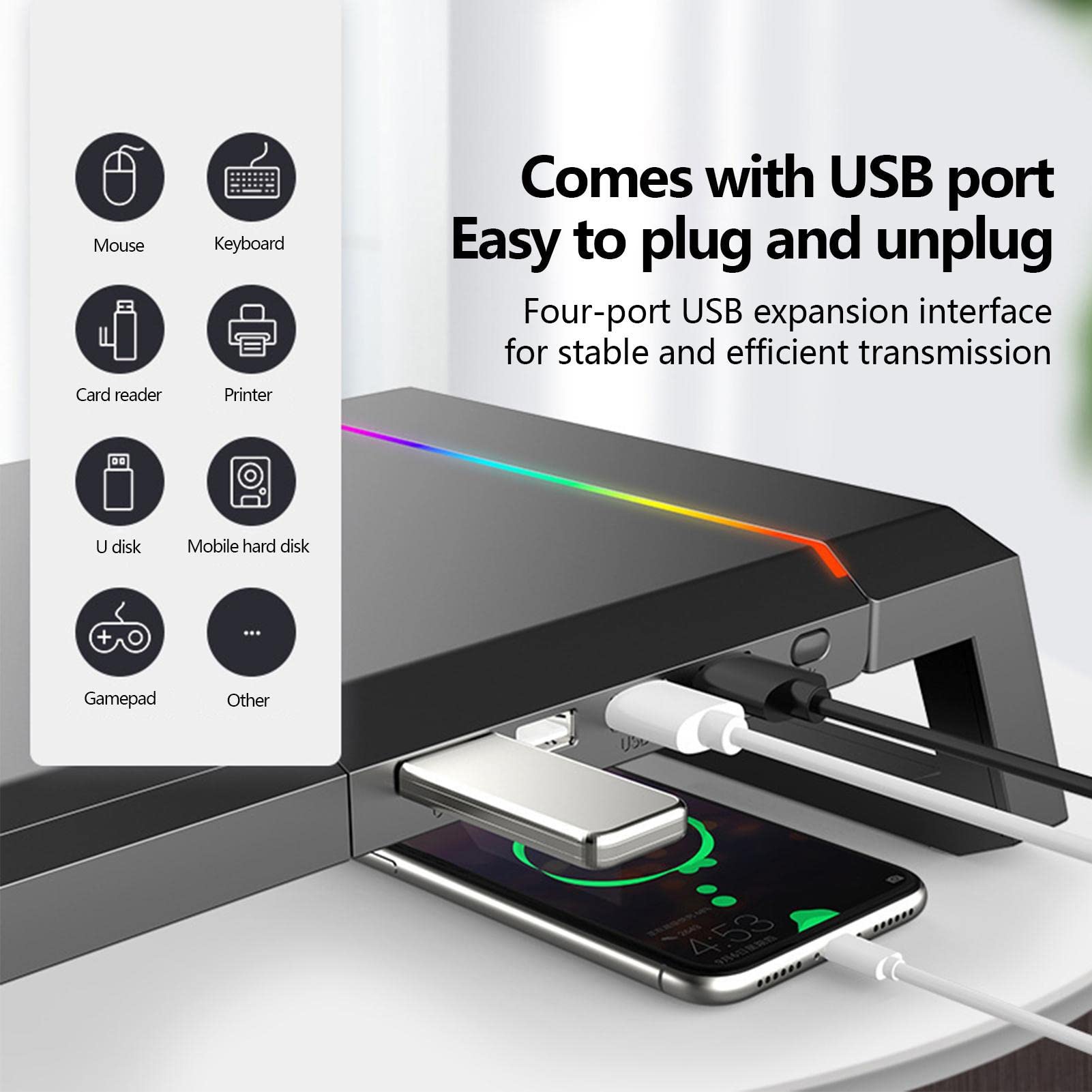 Monitor Stand Riser, Adjustable Height PC Stand Riser, RGB 4 USB3.0 Hub Ports, Foldable Computer Monitor Riser, Monitor Stand Riser For Desk, T1 Ergonomic PC Stand Riser Organizer, Desk Accessories