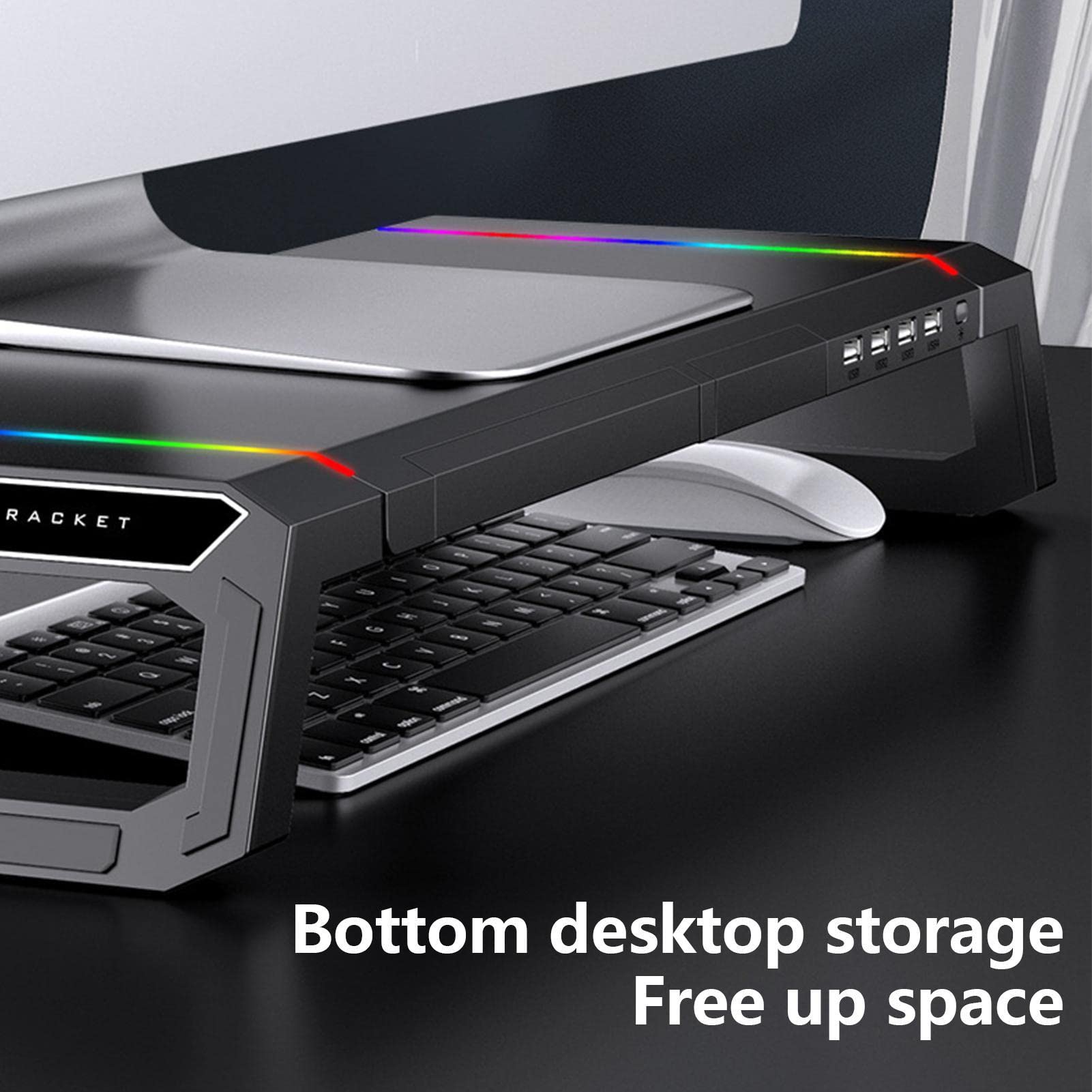 Monitor Stand Riser, Adjustable Height PC Stand Riser, RGB 4 USB3.0 Hub Ports, Foldable Computer Monitor Riser, Monitor Stand Riser For Desk, T1 Ergonomic PC Stand Riser Organizer, Desk Accessories