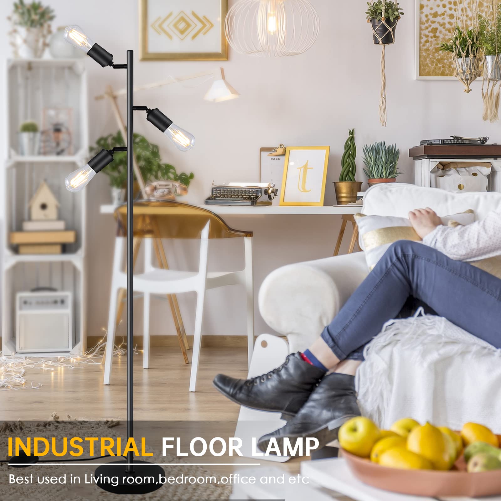 Bricosmocon Industrial Floor Lamp, Standing Lamp, Tree Floor Lamp with 3 Adjustable Rotating Lights, E26 Edison Bulb Floor Lamp for Living Room, Bedroom, Home, Office(Bulb not Included) (Black)
