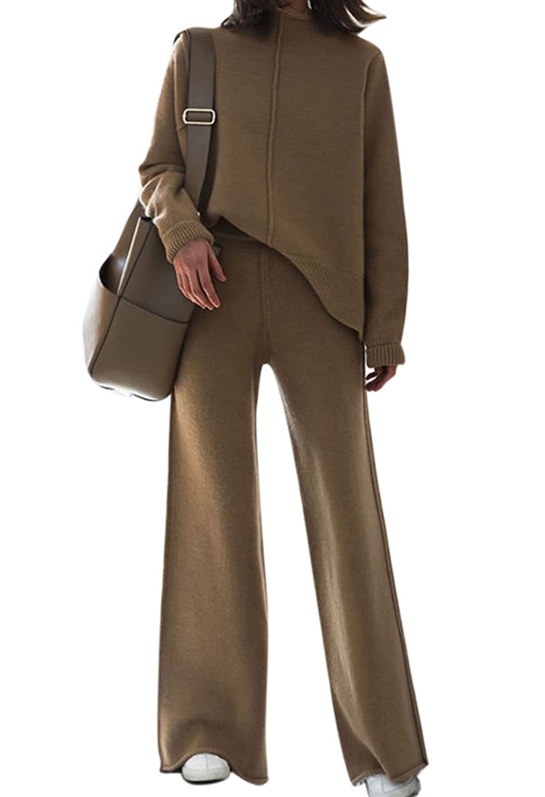 Fixmatti Women's 2 Piece Outfits Sweatsuit Knit Long Sleeve Sweater Wide Leg Pants Loungewear Brown S