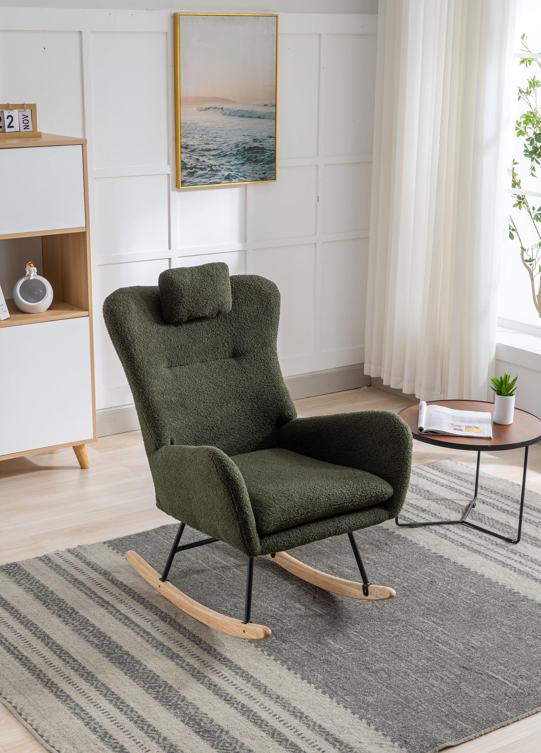 Lepfun 35.5 inch Casual, Soft Teddy Velvet Fabric Rocking Chair for Nursery,Comfy Wingback Glider Rocker with Safe Solid Wood Base for Living Room Bedroom and Balcony,Dark Green