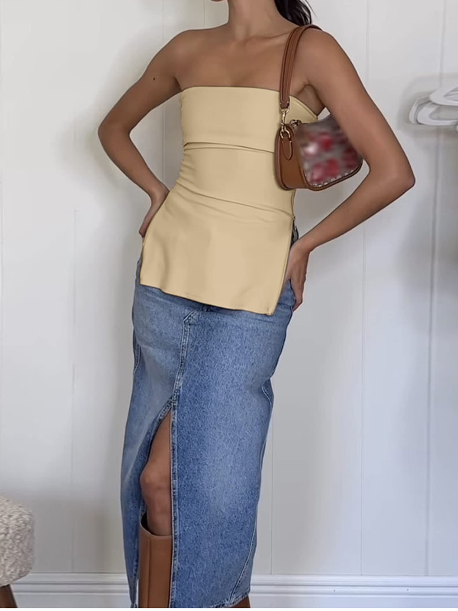 Lauweion Women's Strapless Side Zipper Tube Top Sexy Off The Shoulder Stretch Going Out Bandeau Tank Apricot
