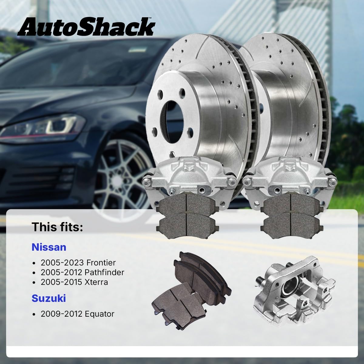AutoShack Front Drilled and Slotted Brake Rotors Silver Calipers and Ceramic Pads Kit Set Driver and Passenger Side Replacement for Suzuki Equator Nissan Xterra Pathfinder 2005-2022 Frontier BCPKG0634