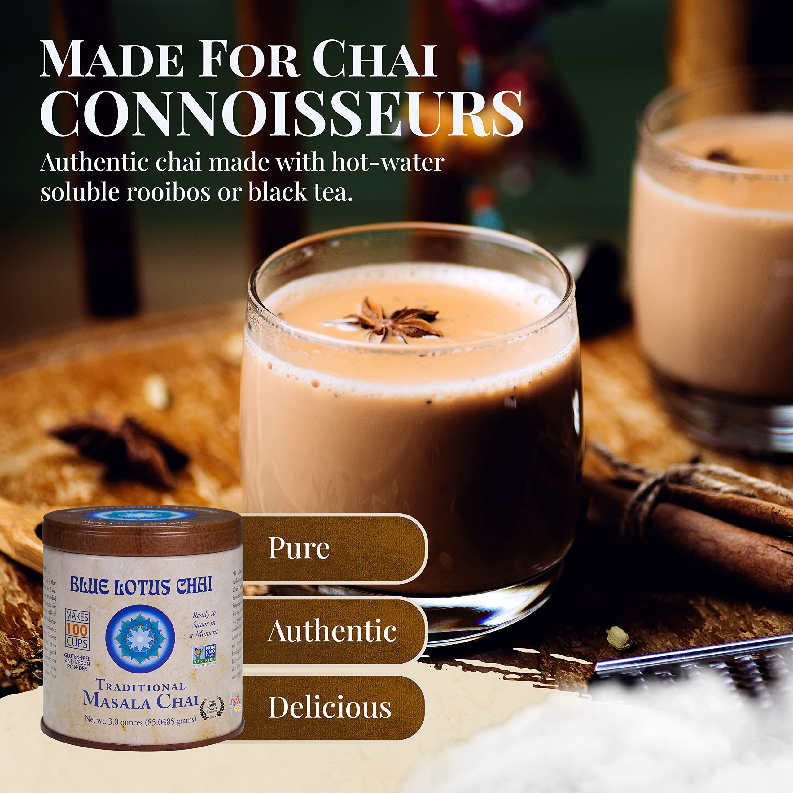 Blue Lotus Chai - Traditional Masala Chai - Makes 100 Cups - 3 Ounce Masala Spiced Chai Powder with Organic Spices - Instant Indian Tea No Steeping - No Gluten