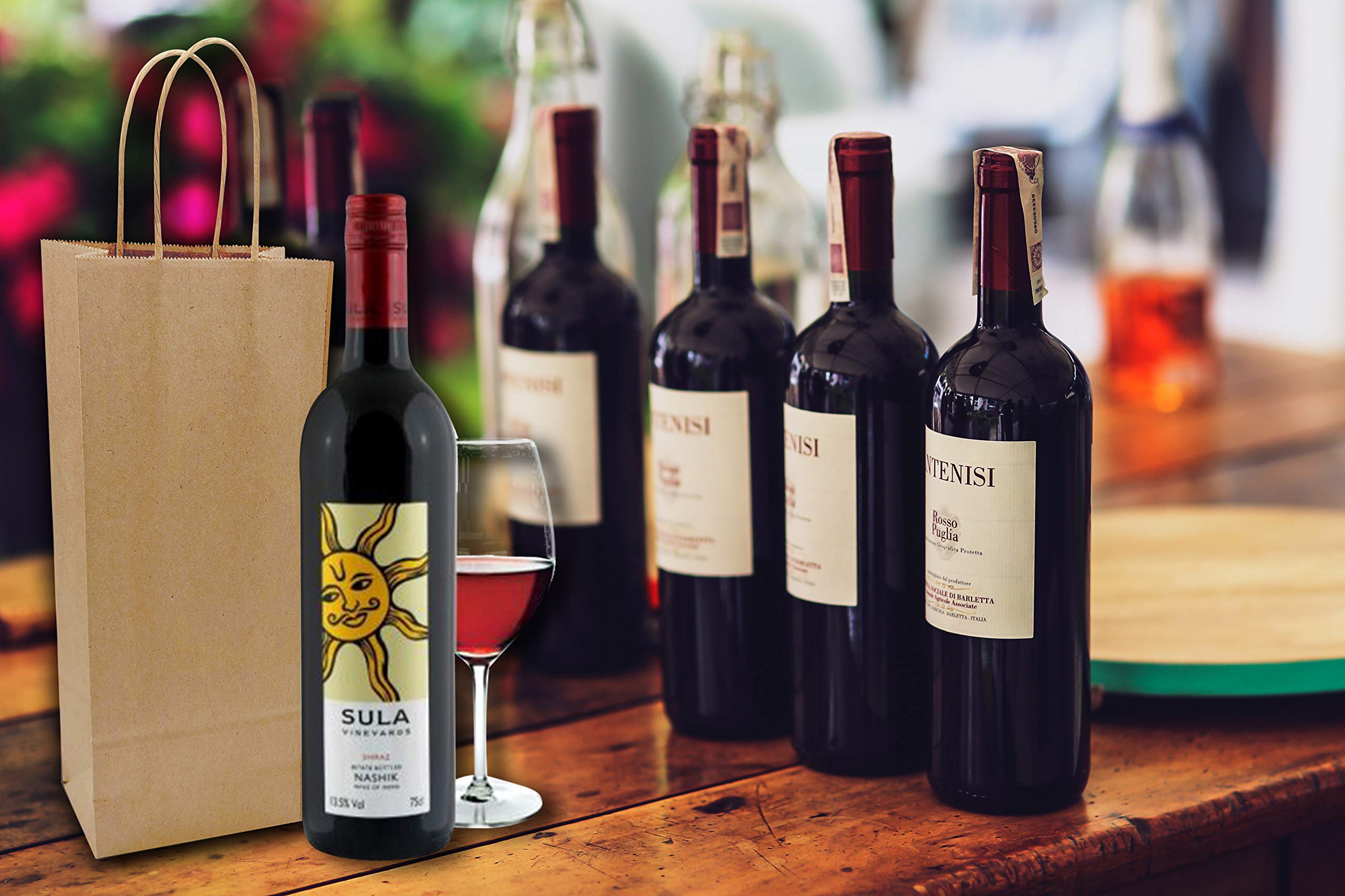 SAM WRAP Wine Bags Kraft Bags, for Wine Spirits 5.75" x 3.25" x 13" Gift Bags, Kraft Bags (50)
