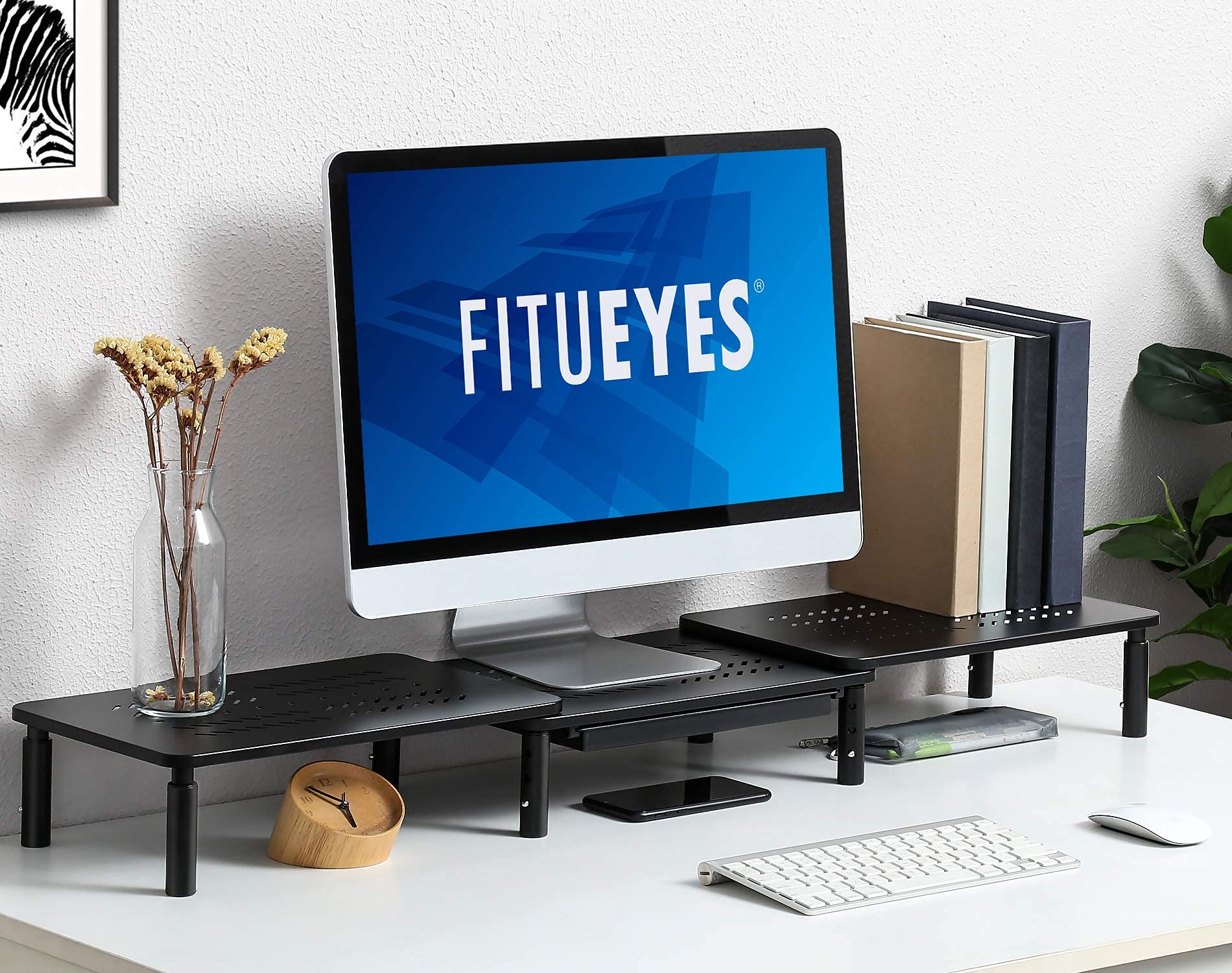 FITUEYES 3 Shelf Monitor Stand with Drawer - Adjustable Computer Monitor Riser, Metal Desktop Stand with Vented, PC Cellphone Cable Management, Office Organization, Black, DT115903MB