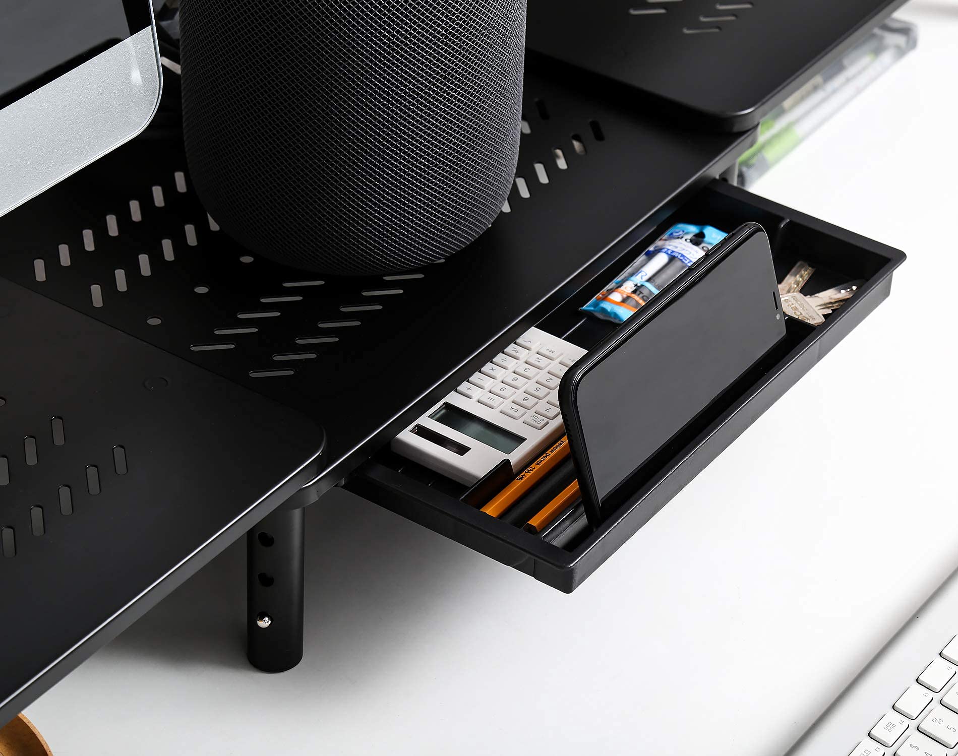 FITUEYES 3 Shelf Monitor Stand with Drawer - Adjustable Computer Monitor Riser, Metal Desktop Stand with Vented, PC Cellphone Cable Management, Office Organization, Black, DT115903MB