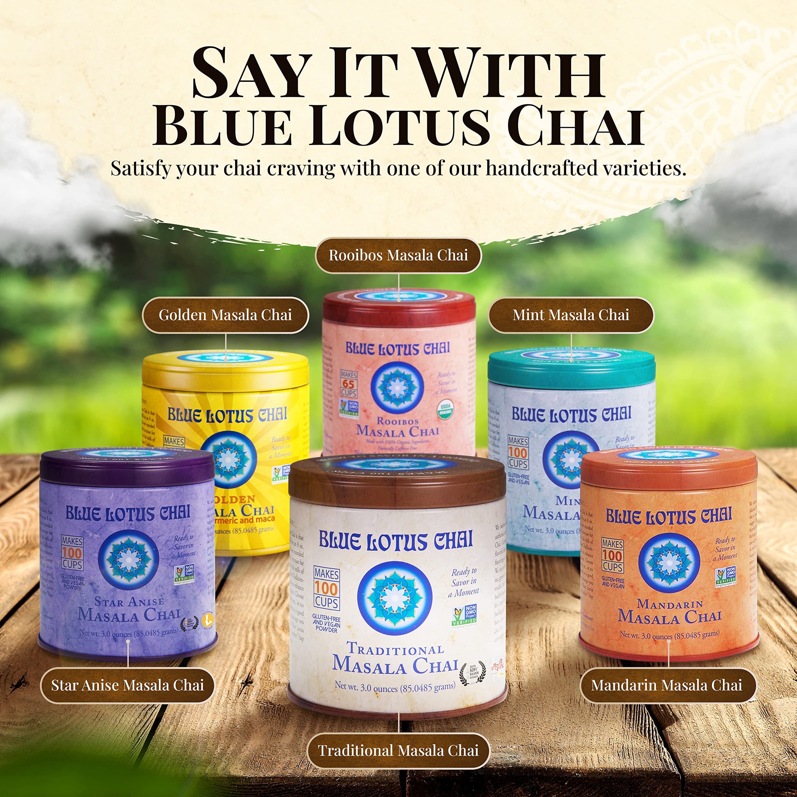 Blue Lotus Chai - Traditional Masala Chai - Makes 100 Cups - 3 Ounce Masala Spiced Chai Powder with Organic Spices - Instant Indian Tea No Steeping - No Gluten