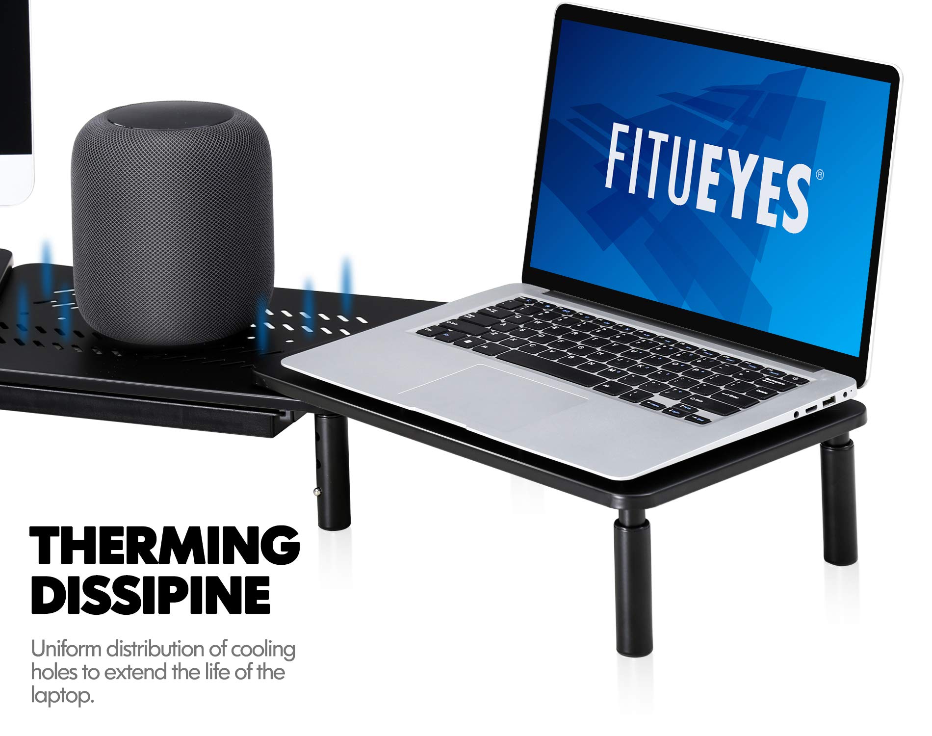 FITUEYES 3 Shelf Monitor Stand with Drawer - Adjustable Computer Monitor Riser, Metal Desktop Stand with Vented, PC Cellphone Cable Management, Office Organization, Black, DT115903MB