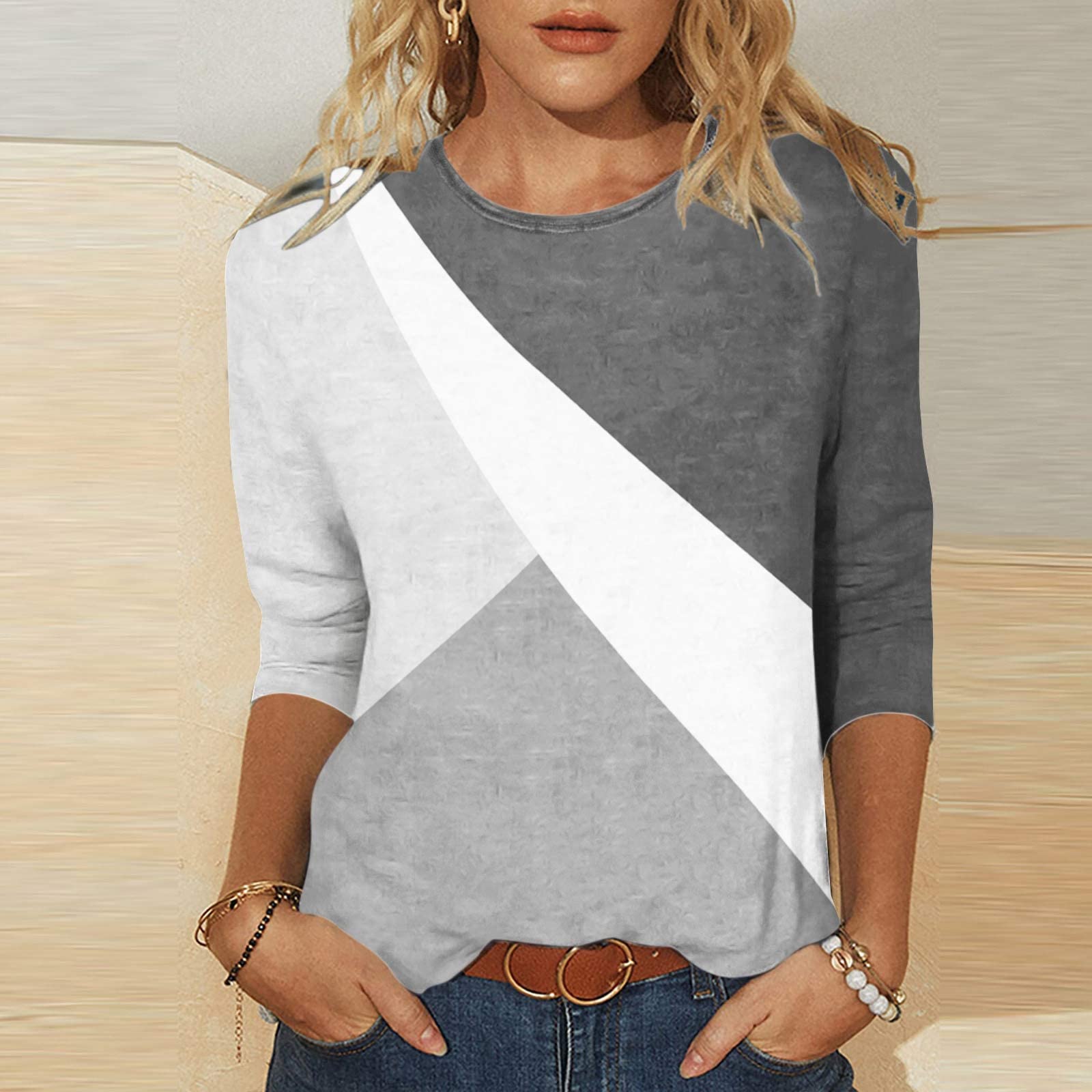 SMIDOW Womens Fashion Geo Graphic 3/4 Sleeve Tops 2024 Summer Loose Casual Crew Neck t-Shirt Pullover Blouse Trendy