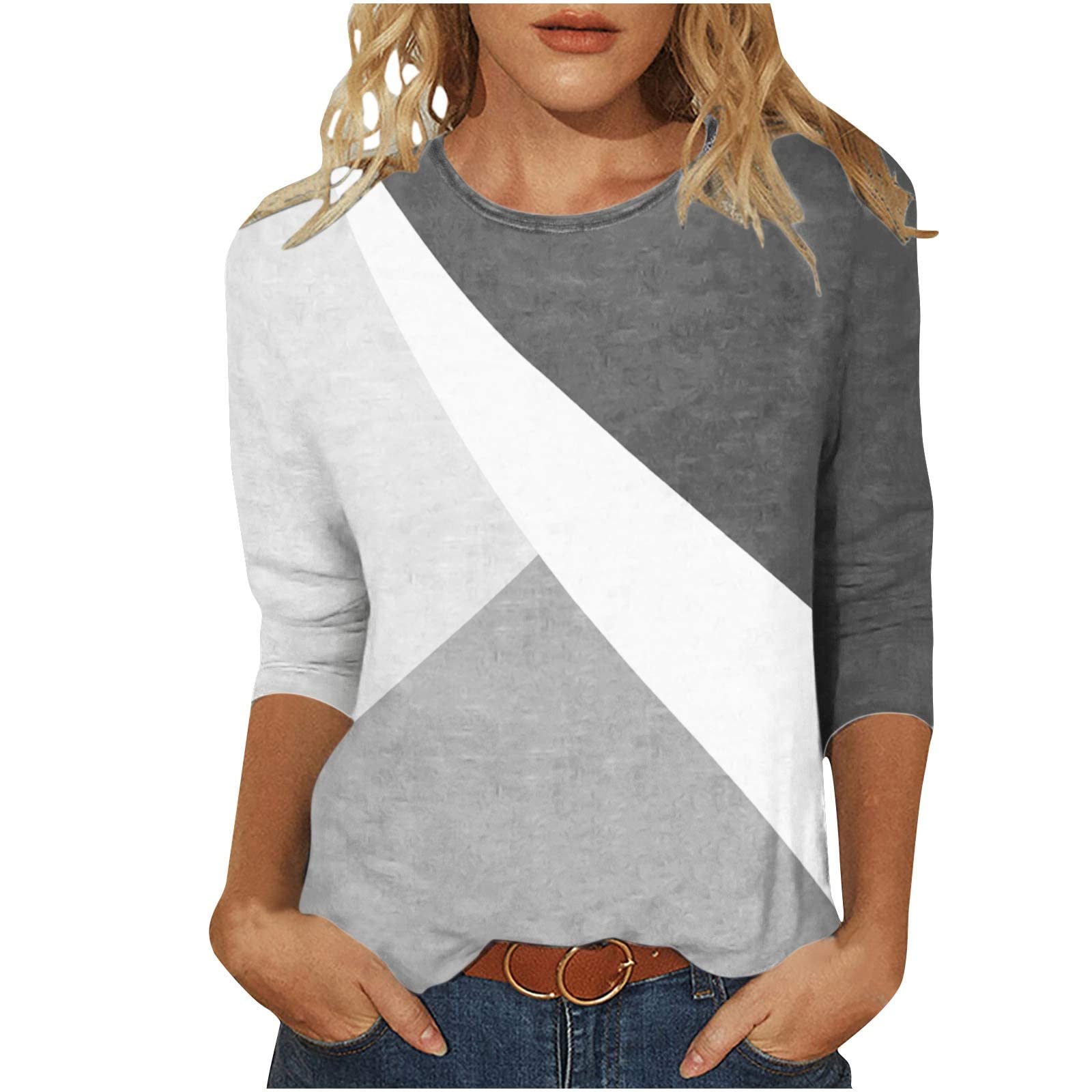 SMIDOW Womens Fashion Geo Graphic 3/4 Sleeve Tops 2024 Summer Loose Casual Crew Neck t-Shirt Pullover Blouse Trendy