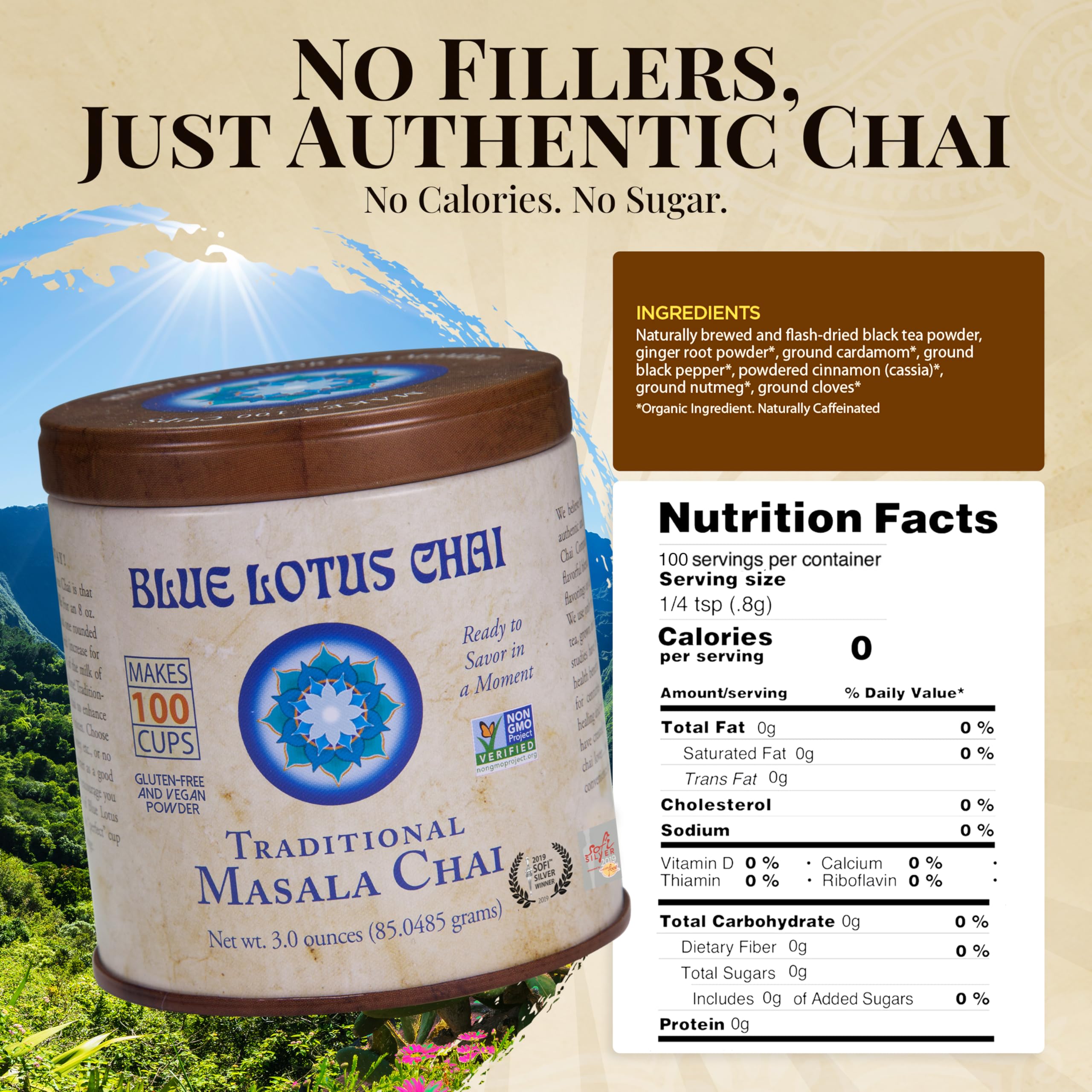 Blue Lotus Chai - Traditional Masala Chai - Makes 100 Cups - 3 Ounce Masala Spiced Chai Powder with Organic Spices - Instant Indian Tea No Steeping - No Gluten