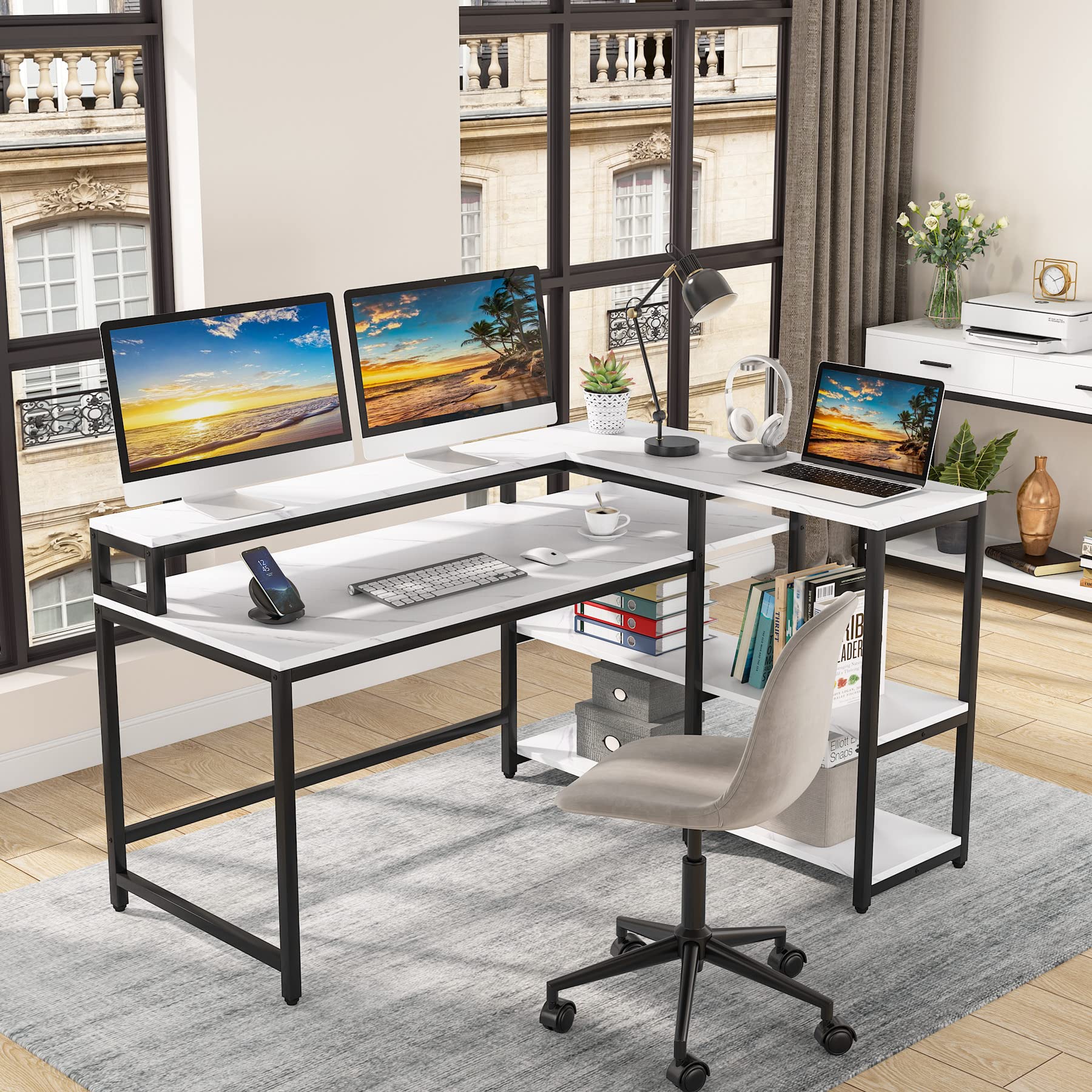 LITTLE TREE Reversible L Shaped Computer Desk with Storage Shelf, Industrial Corner Desk with Monitor Stand for Home Office
