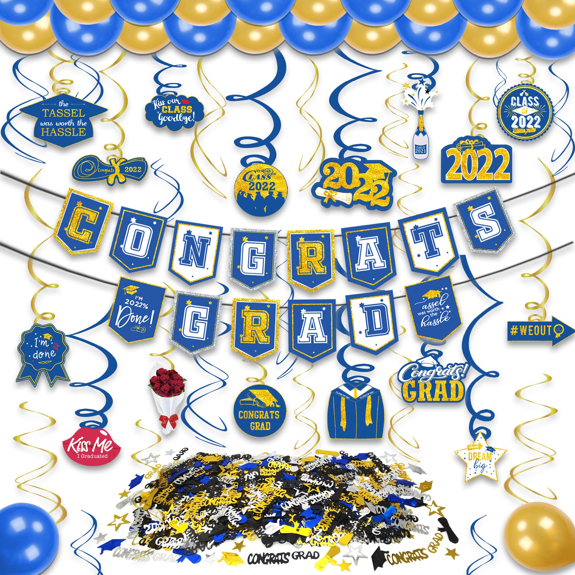 kortes 2022 Blue and Gold Graduation Decorations Kit, Congrats Grad Banner Hanging Swirls Graduations Confetti Balloons for Blue and Gold Grad Graduation Party Decorations Supplies