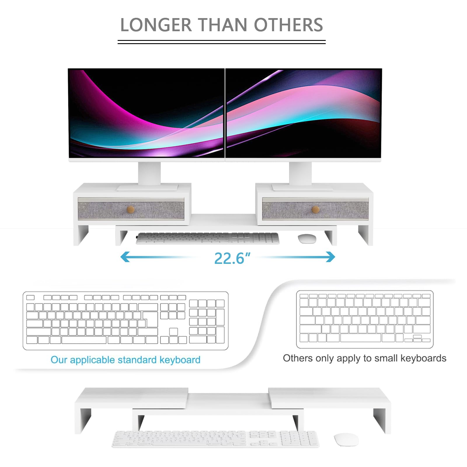 LAPTAIN Dual Monitor Stand Riser with 2 Drawers, Screen Stand with Adjustable Length and Angle, Desktop Organizer Stand for Laptop Computer/TV/PC