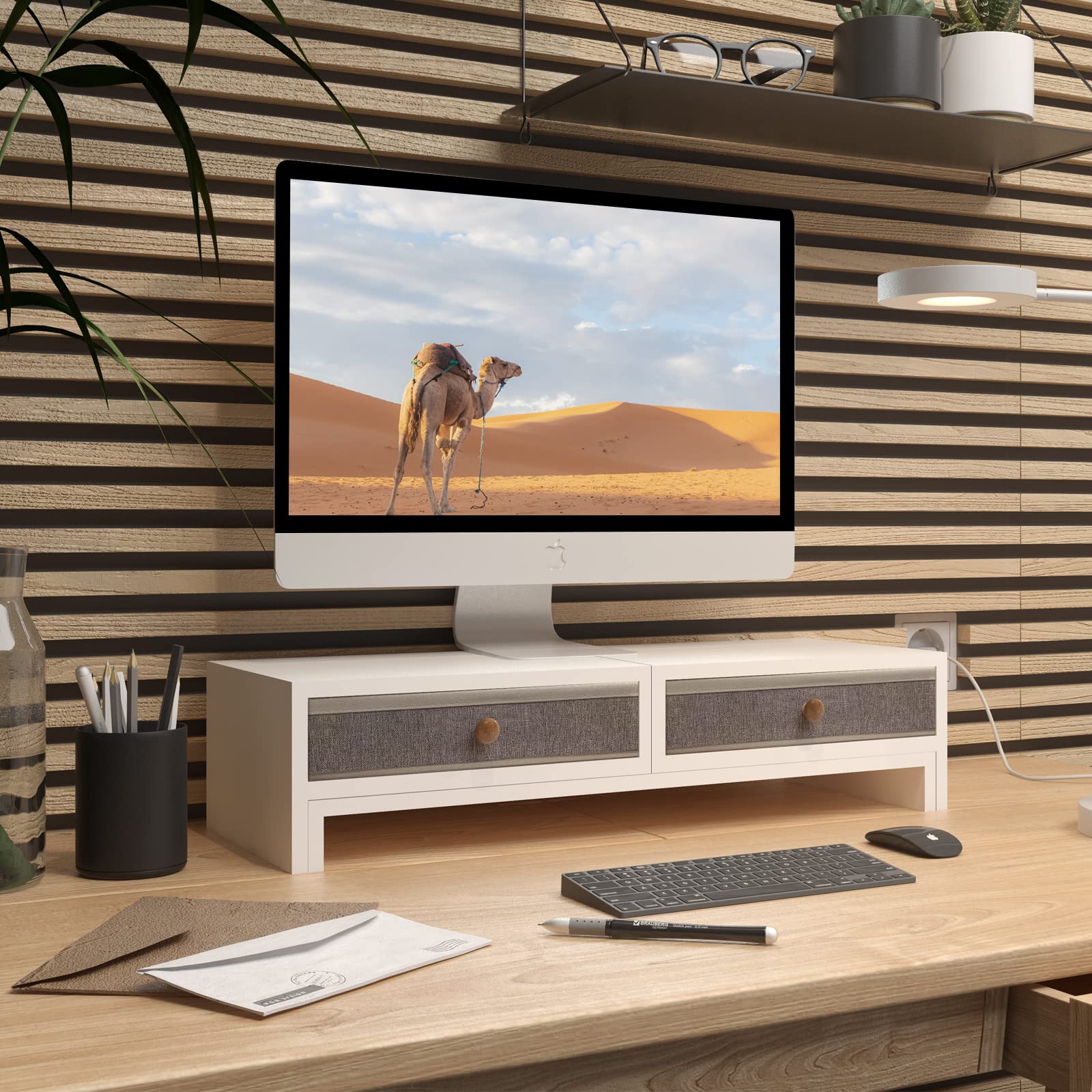 LAPTAIN Dual Monitor Stand Riser with 2 Drawers, Screen Stand with Adjustable Length and Angle, Desktop Organizer Stand for Laptop Computer/TV/PC