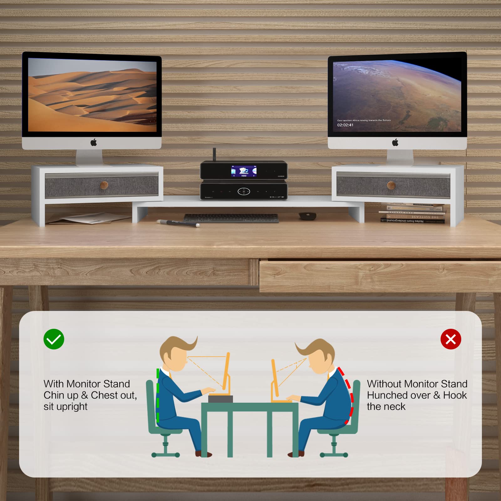 LAPTAIN Dual Monitor Stand Riser with 2 Drawers, Screen Stand with Adjustable Length and Angle, Desktop Organizer Stand for Laptop Computer/TV/PC