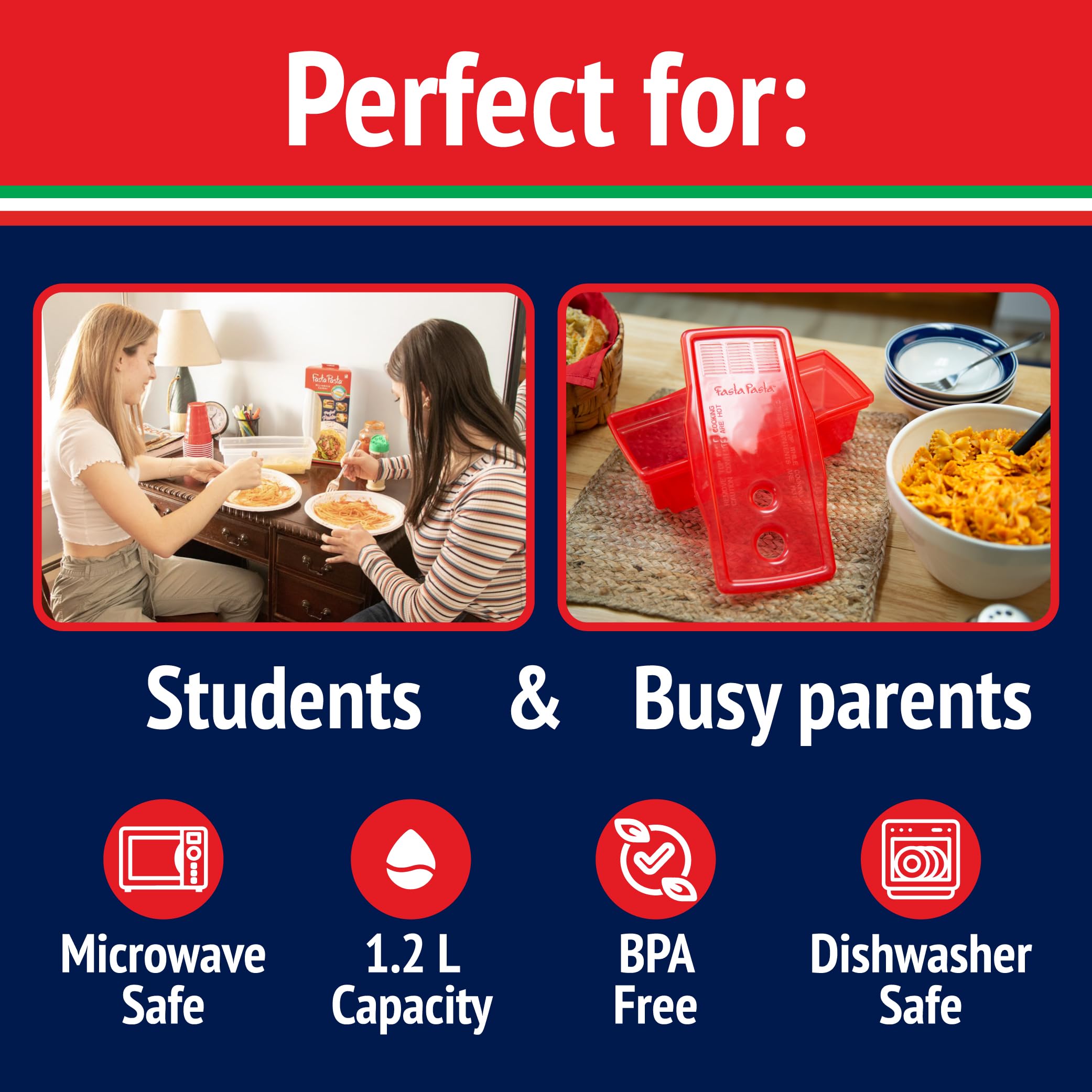 Microwave Pasta Cooker- The Original Fasta Pasta (Red)- Quickly Cooks up to 4 Servings- No Mess, Sticking or Waiting For Boil- Perfect Al Dente Pasta Every Time- For Dorms, Small Kitchens, or Offices