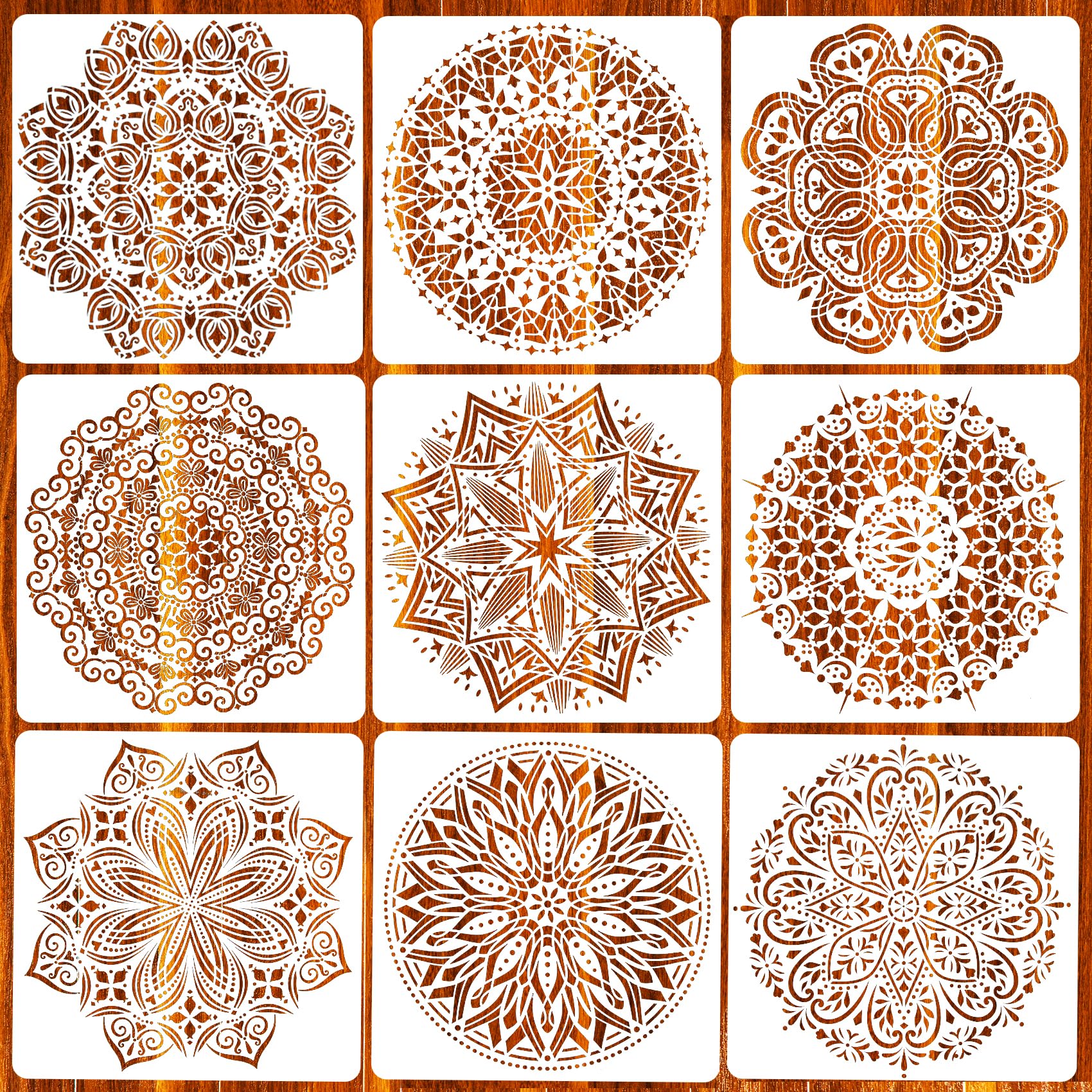 9 Pack 12x12 inches Mandala Stencils for Painting on Wood, Floor, Tile Fabric, Resuable Furniture Stencils Painting Template