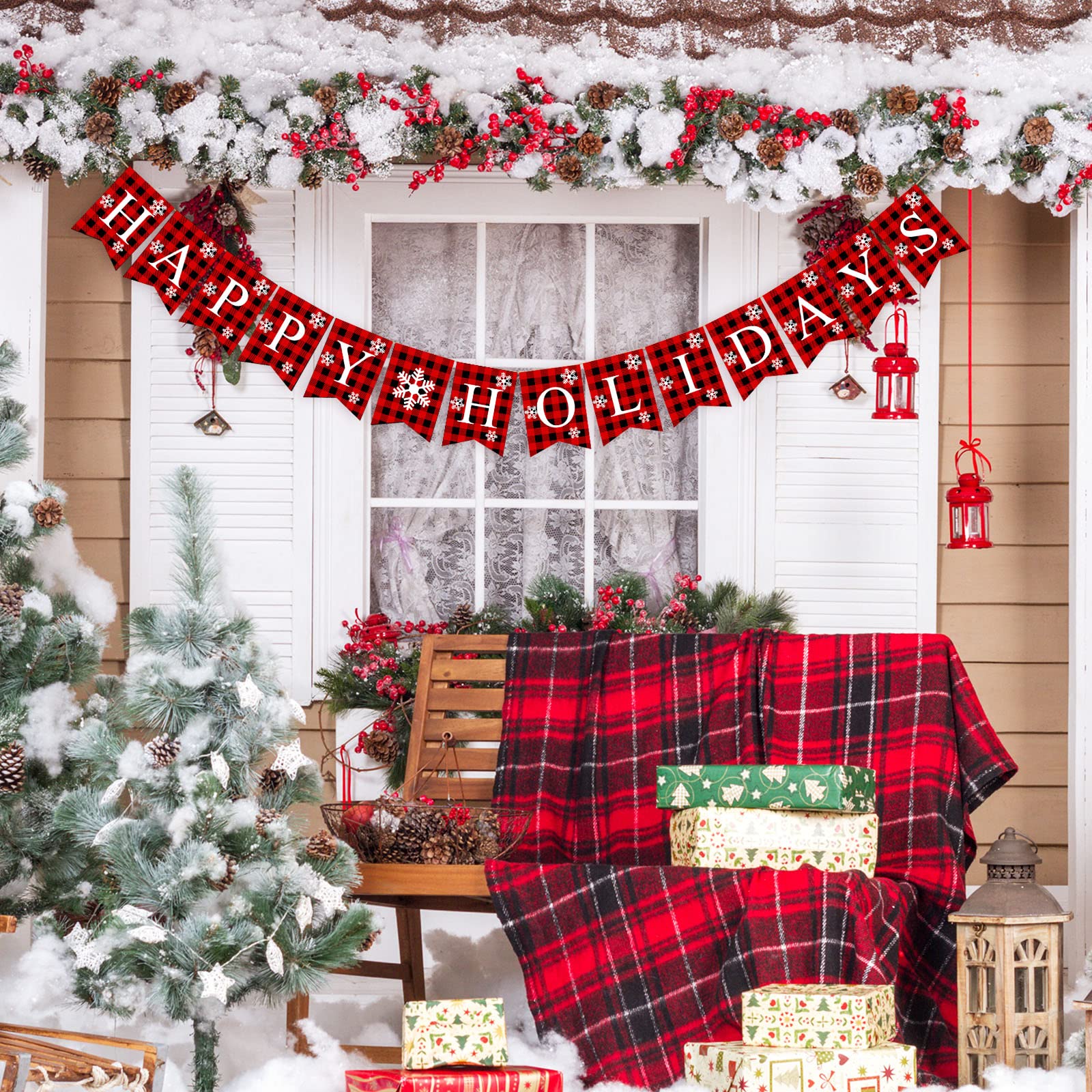 Plaid Happy Holidays Banner Burlap Christmas Rustic Bunting Banner for Christmas Hanging Decorations