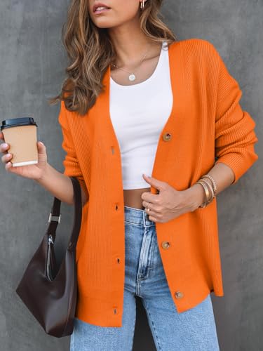 LILLUSORY Women Oversized Cardigan Sweater Fall Outfits Cloth Fashion V Neck Knit Button Front Casual Trendy Tops Orange Medium