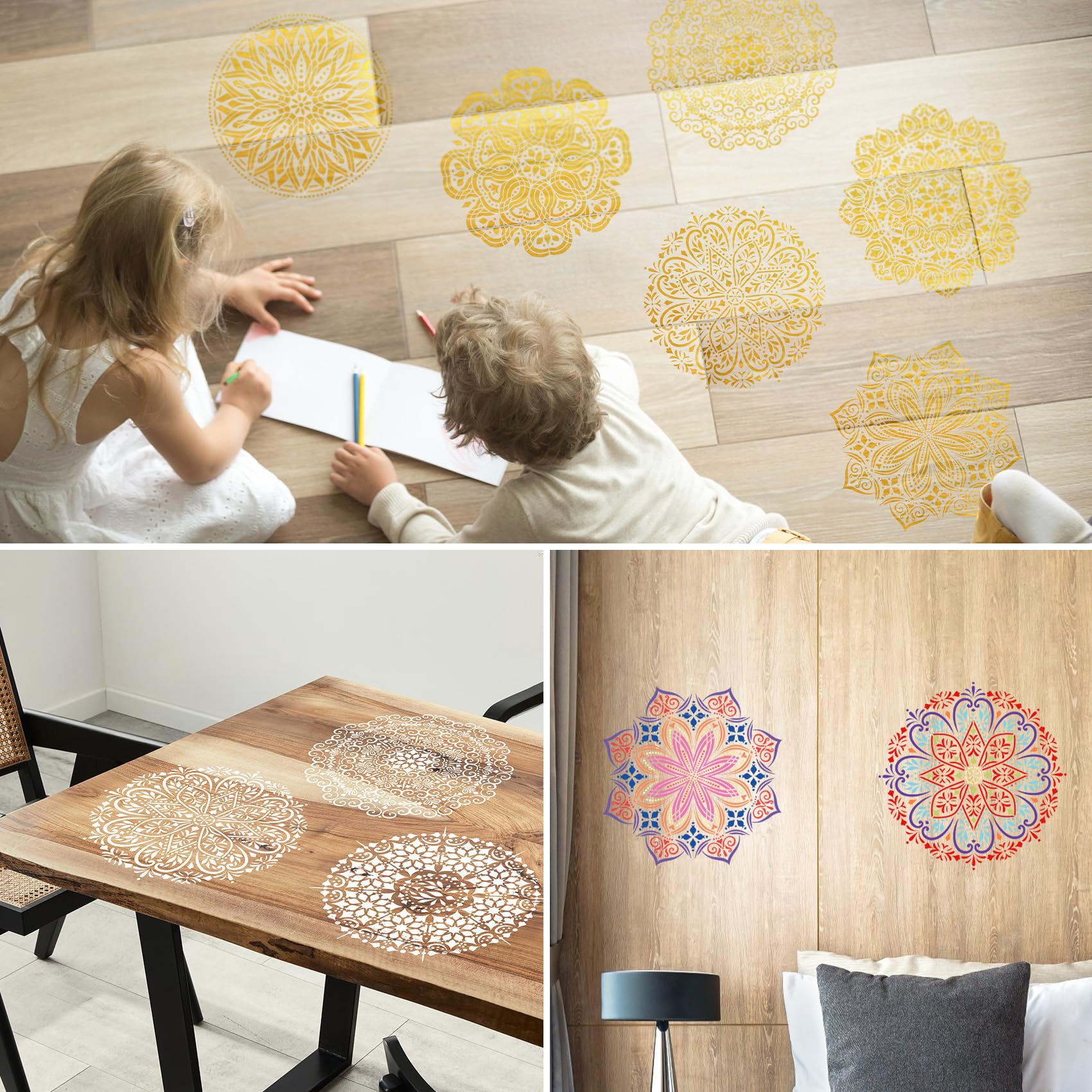 9 Pack 12x12 inches Mandala Stencils for Painting on Wood, Floor, Tile Fabric, Resuable Furniture Stencils Painting Template